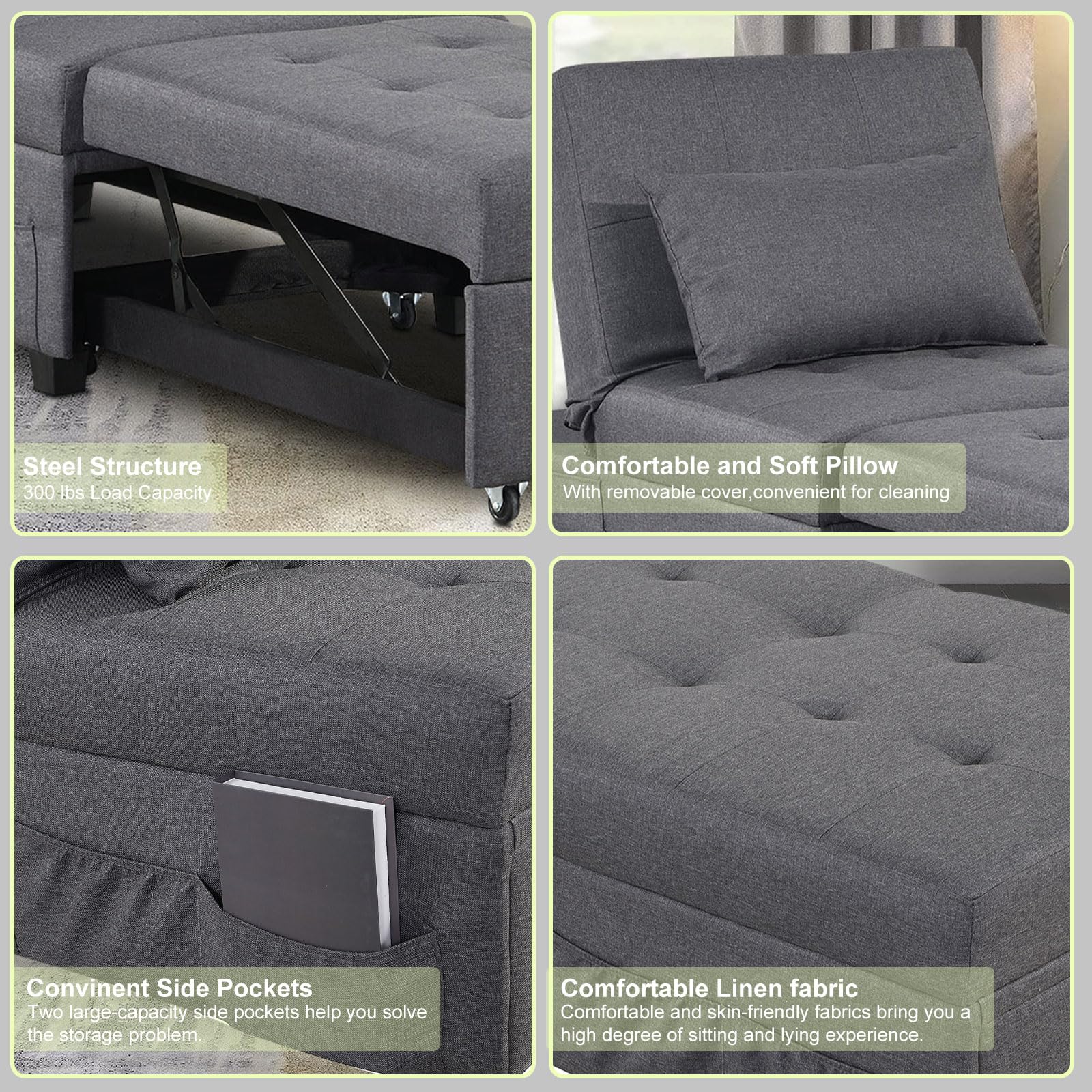 SENIFIS Sofa Bed Chair, 3-in-1 Convertible RV Sleeper Chair Bed with Adjustable Backrest & Pillow, Modern Faux Leather Pull Out Sofa Bed for RV, Small Space, Living Room, Office (PU Black)