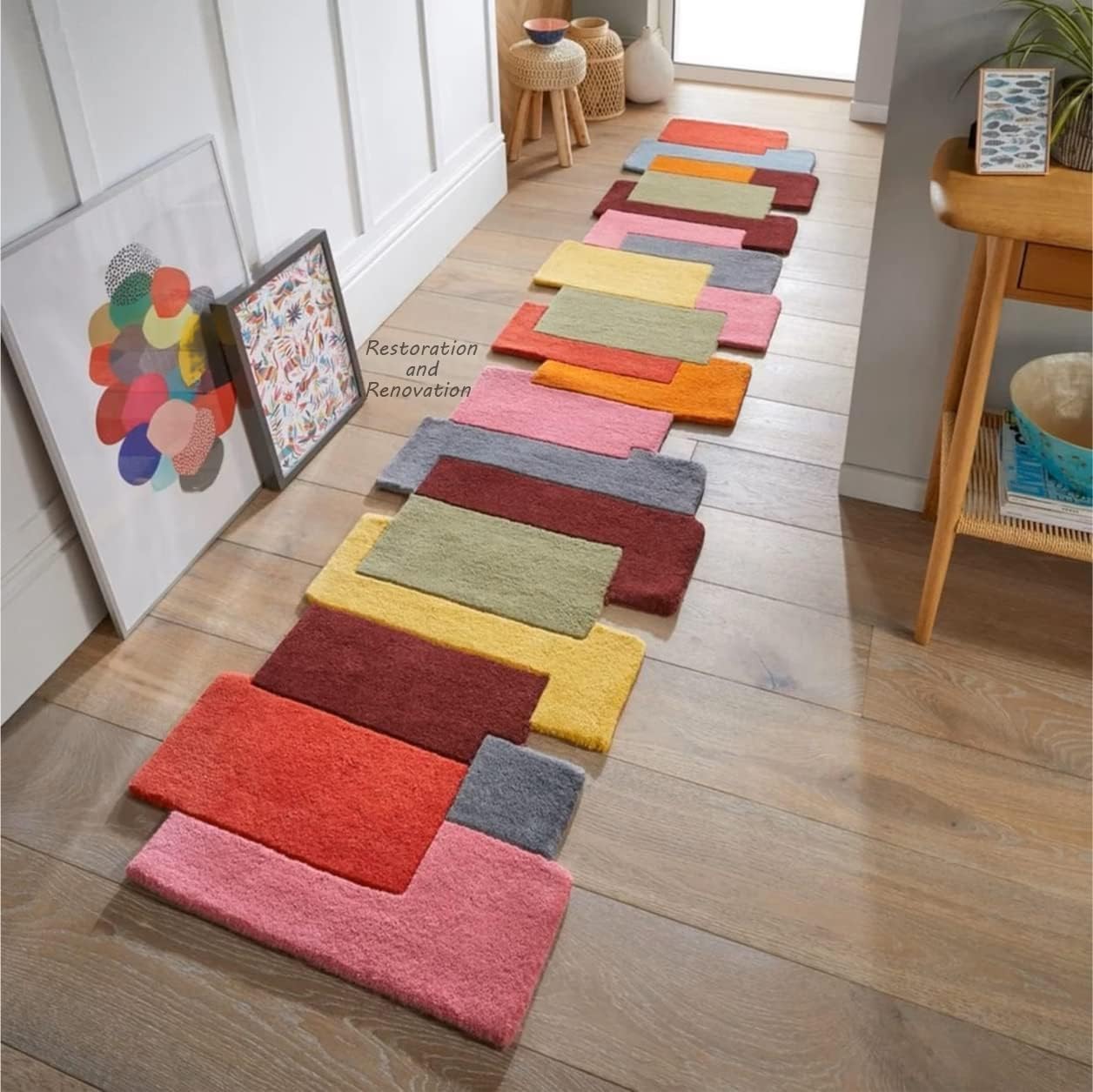 Restoration and Renovation Modern Colorful Palette Irregular Shape Runner - Unique Design, Handmade with 100% Wool Area Rug for Living Room, Bedroom, Kitchen & Home Decor (Multi, 2.6' x 8')