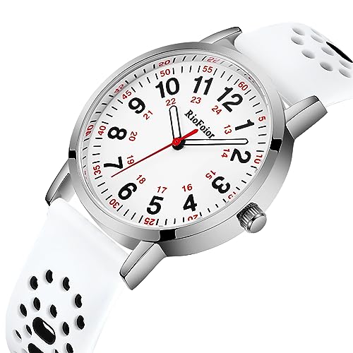 RioFoior Nurse Watch for Nurse,Nursing Student,Medical Professionals,Doctors,with Variety Colors,Second Hand and 24 Hour,Easy to Read Waterproof Watch(White-Black)