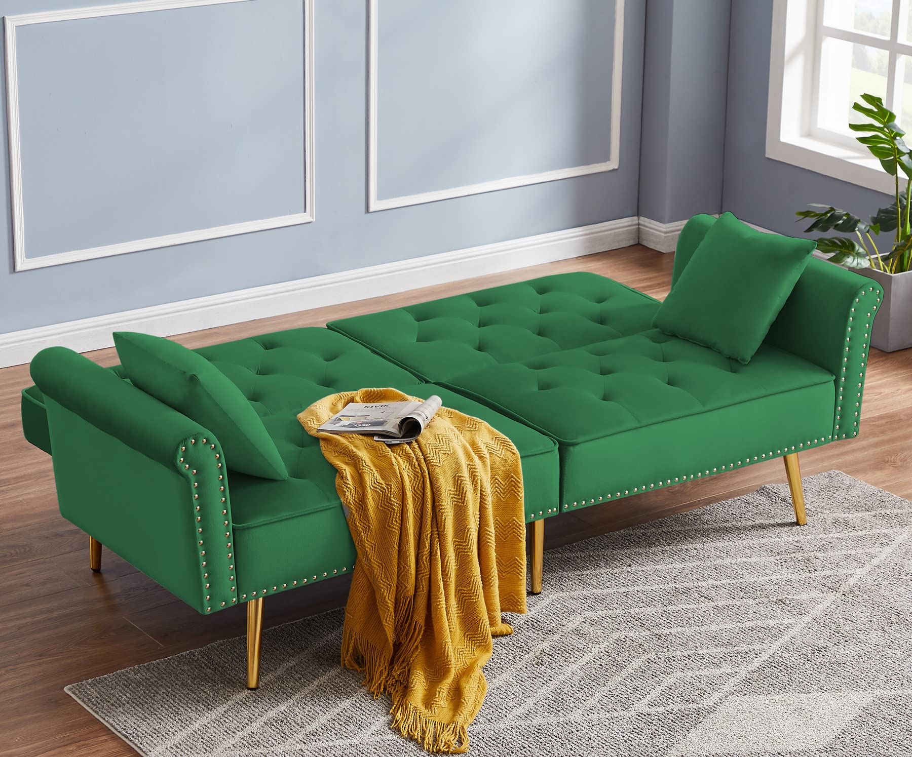 hansones Velvet Futon Sofa Bed,Convertible Sofa Bed with Adjustable Backrest Angles,Sturdy Sleeper Sofa for Living Room and Bedroom (Green)