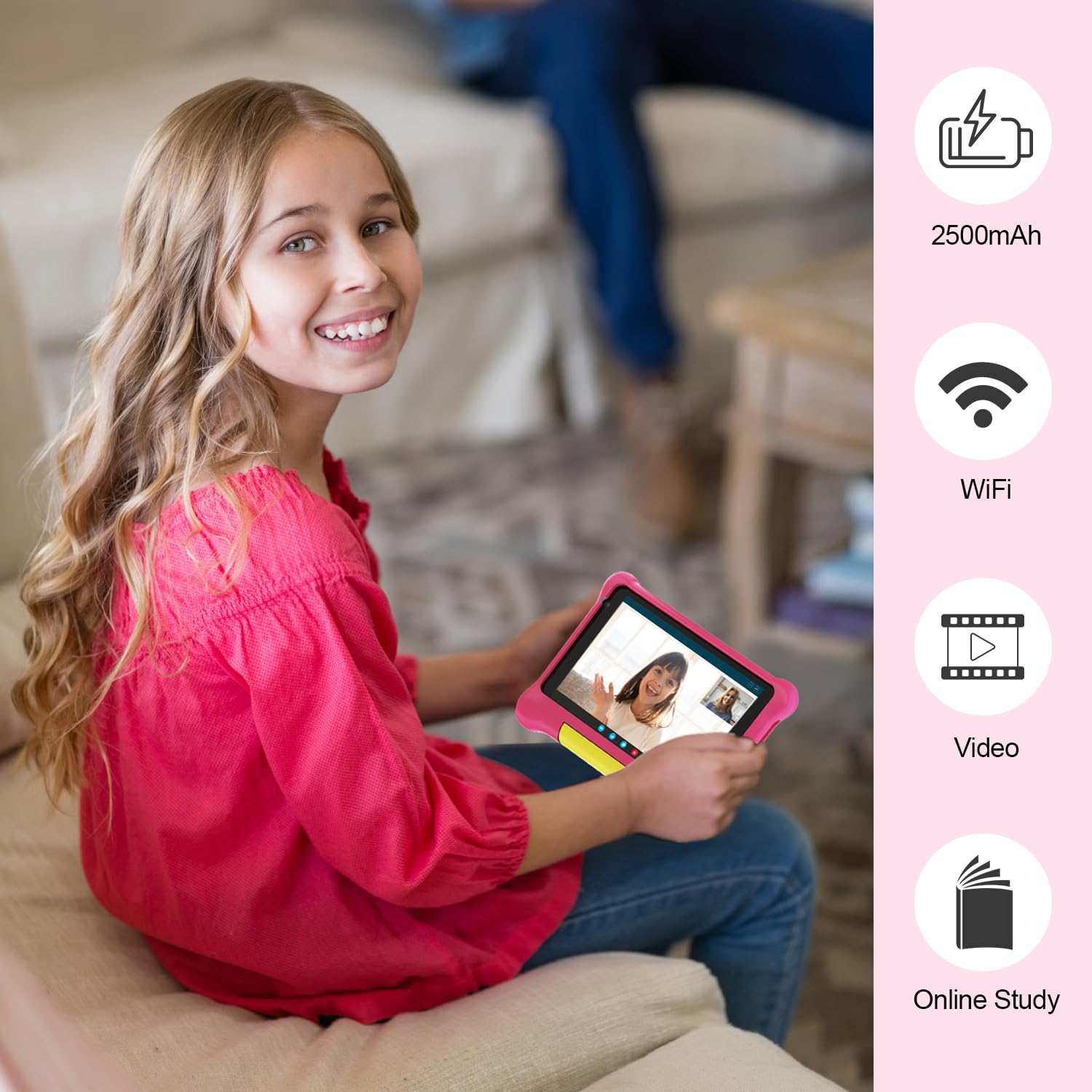 HiGrace Tablet for Kids, 7 inch Android 12 Kids Tablet 2GB RAM + 32GB ROM, HD Display, Quad Core, 128GB Expansion, Dual Camera, Wi-Fi Tablet for Children (Pink)