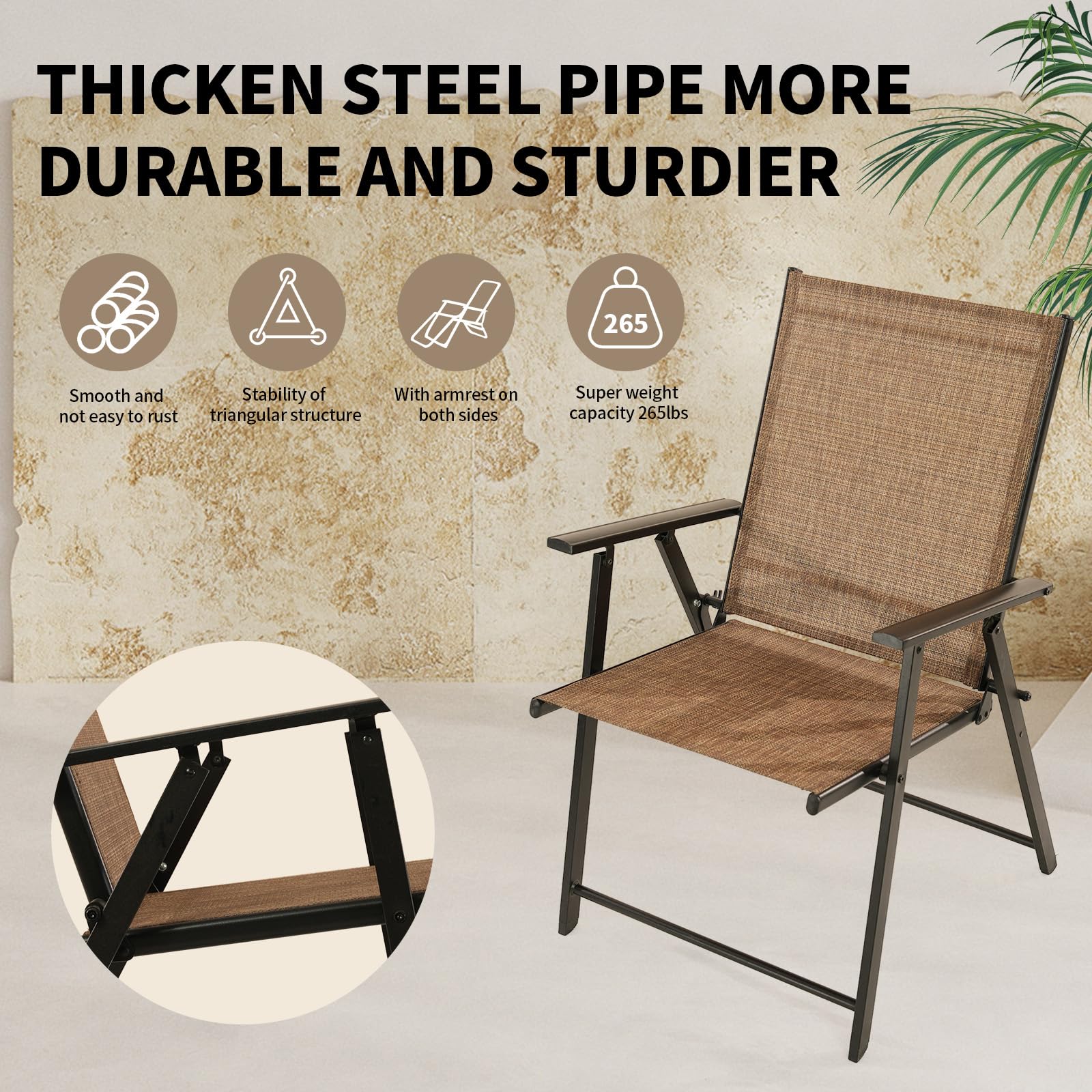 SJGUOJI Patio Folding Chairs Set of 4, Outdoor Lawn Chairs with Rustproof Metal Frame, Portable Dining Chairs for Porch, Deck, Garden, Backyard, Camping（Brown）