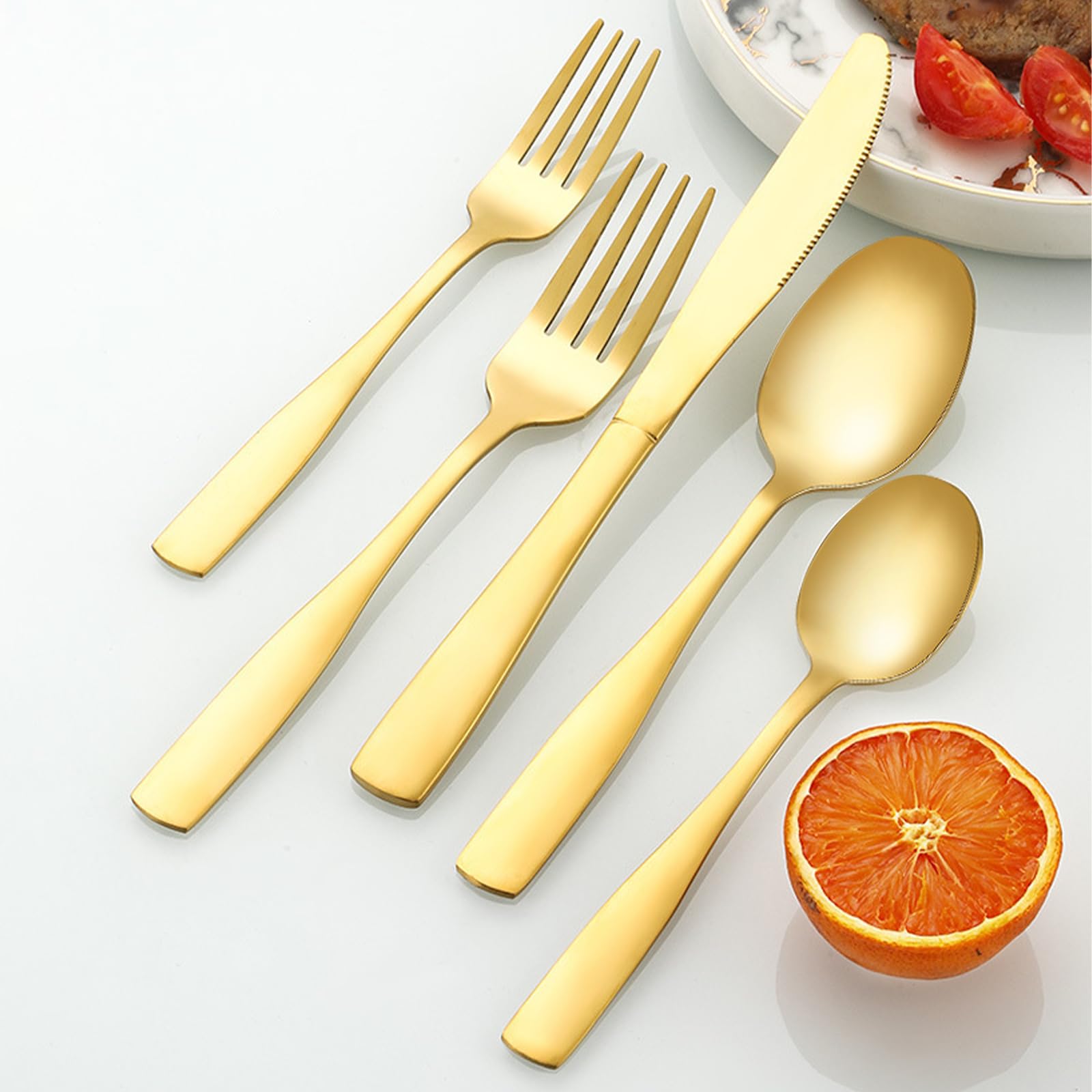 shudyear 5 piece silver cutlery set, stainless steel cutlery set for home kitchen restaurant hotel, kitchen utensils set, mirror polished, dishwasher safe (1, gold)