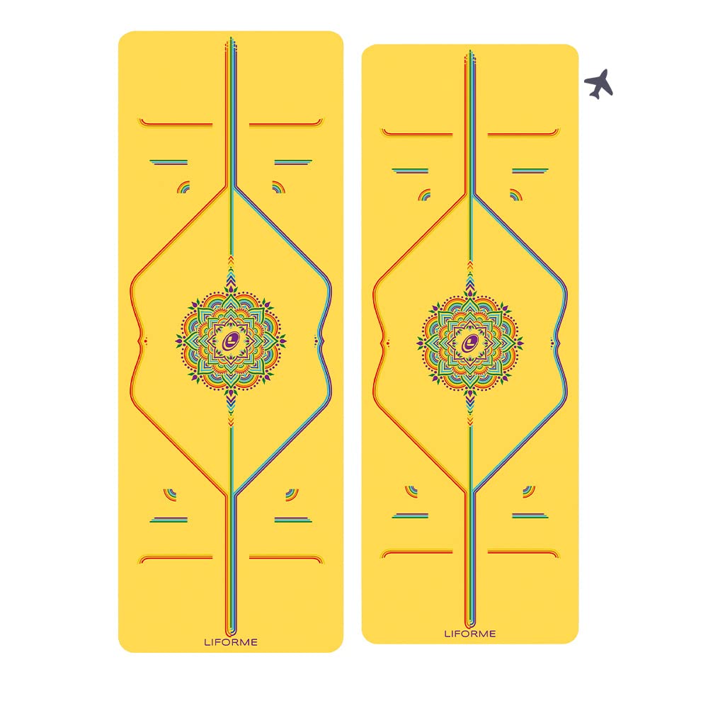 LIFORME Printed Yoga Mat & Travel Mat Bundle Pack ā Patented Alignment System, Eco-Friendly, Non-Slip Warrior-Grip, Made with Natural Rubber, Thick, Sweat Resistant, Comfortable - Yellow/Yellow