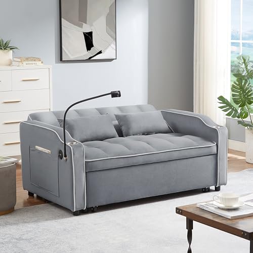 Modern Foldable Sofa Bed with USB Charging Ports,Pull Out Velvet Loveseat Sleeper with Swivel Phone Stand,Futon Couch with Cup Holders & Adjustable Backrest for Living Room,Gray