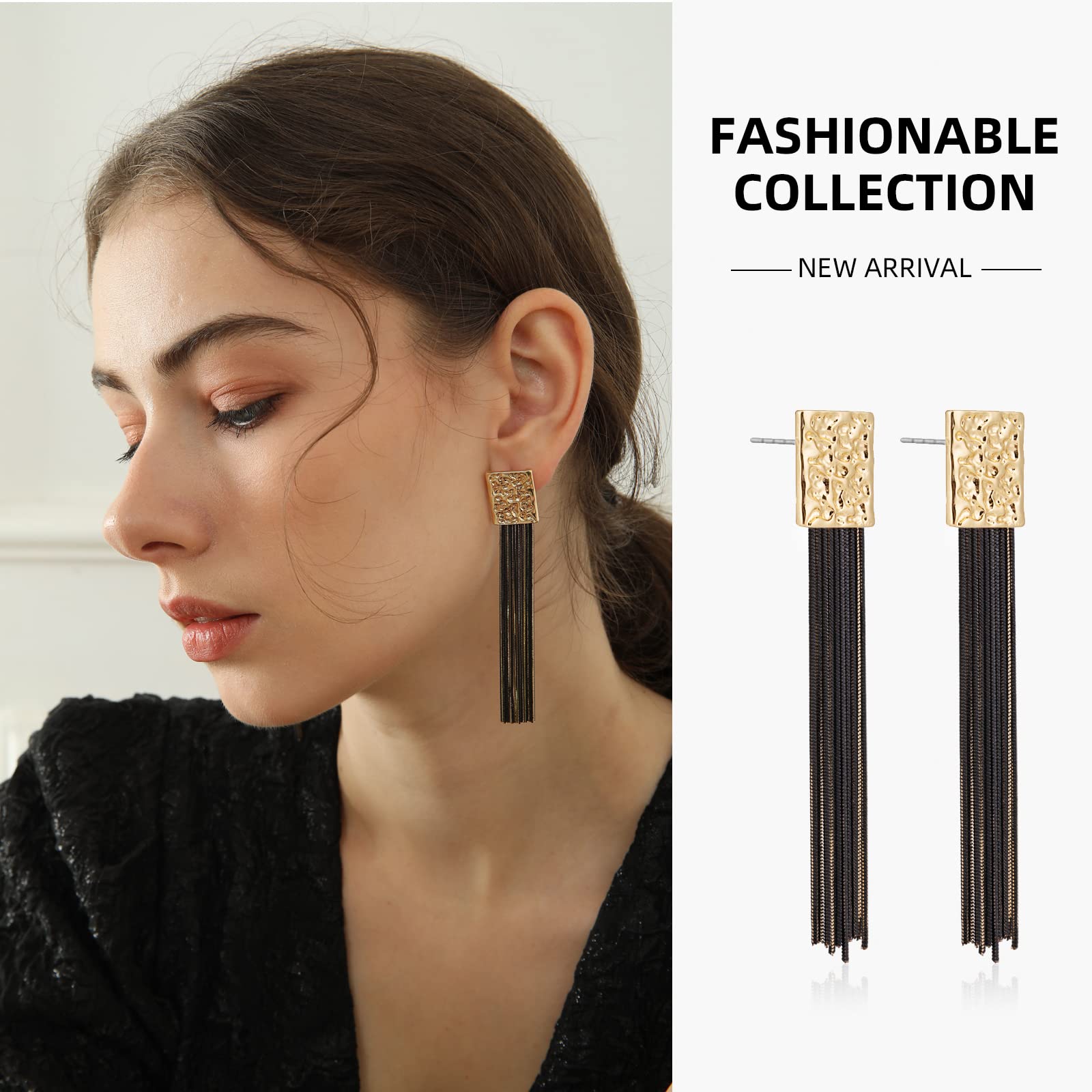 Long Chain Tassel Earrings Elegant - Sleek Chain Fringe Dangle Earrings for Party, Wedding or Event