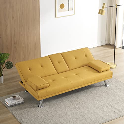 Modern Leather Futon Sofa, Convertible Sleeper Couch Bed Daybed Loveseat, Folding Recliner with 2 Cup Holders, 3 Angles and Metal Legs, Removable Armrest for Compact Living Space