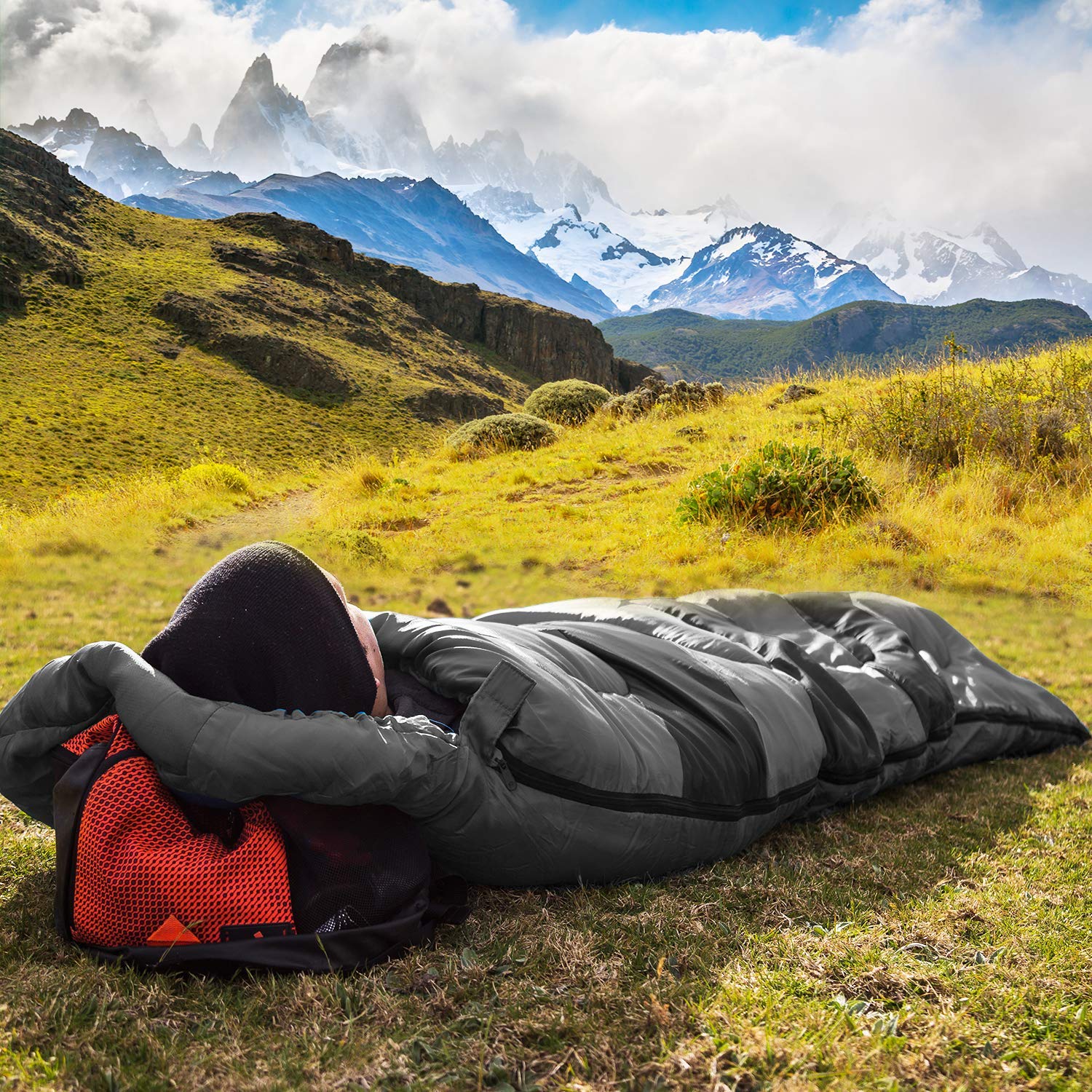 HiHiker Camping Sleeping Bag + Travel Pillow w/Compact Compression Sack β 4 Season Sleeping Bag for Adults & Kids β Lightweight Warm and Washable, for Hiking Traveling & Outdoor Activities (Gray)