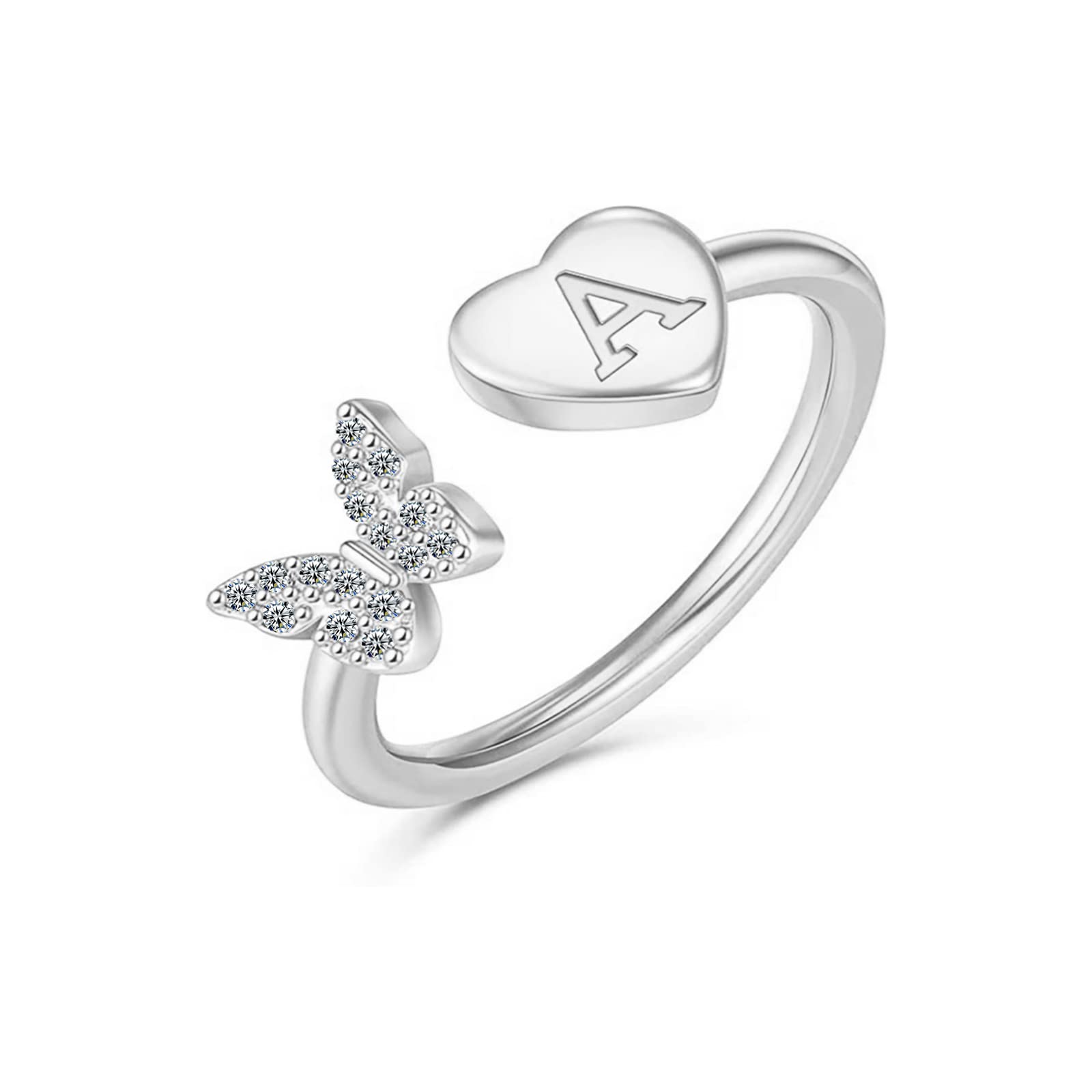 INENIMARTJ Initial Rings for Women Stackable Butterfly Initial Letter Rings Adjustable Crystal Inlaid A Capital Alphabet Ring S925 Silver Initial Jewelry