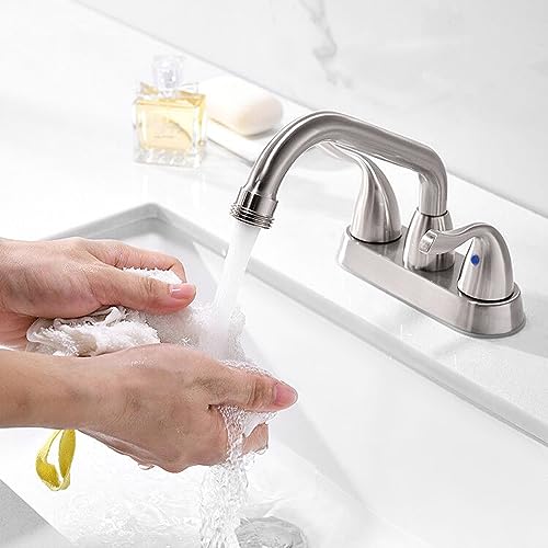 Phiestina Brushed Nickel Utility Sink/Laundry Faucet, 4 Inch Centerest 2 or 3 Hole Rotatable Swivel 360° Spout with Threaded End, with Water Supply Line, BF25-7-BN