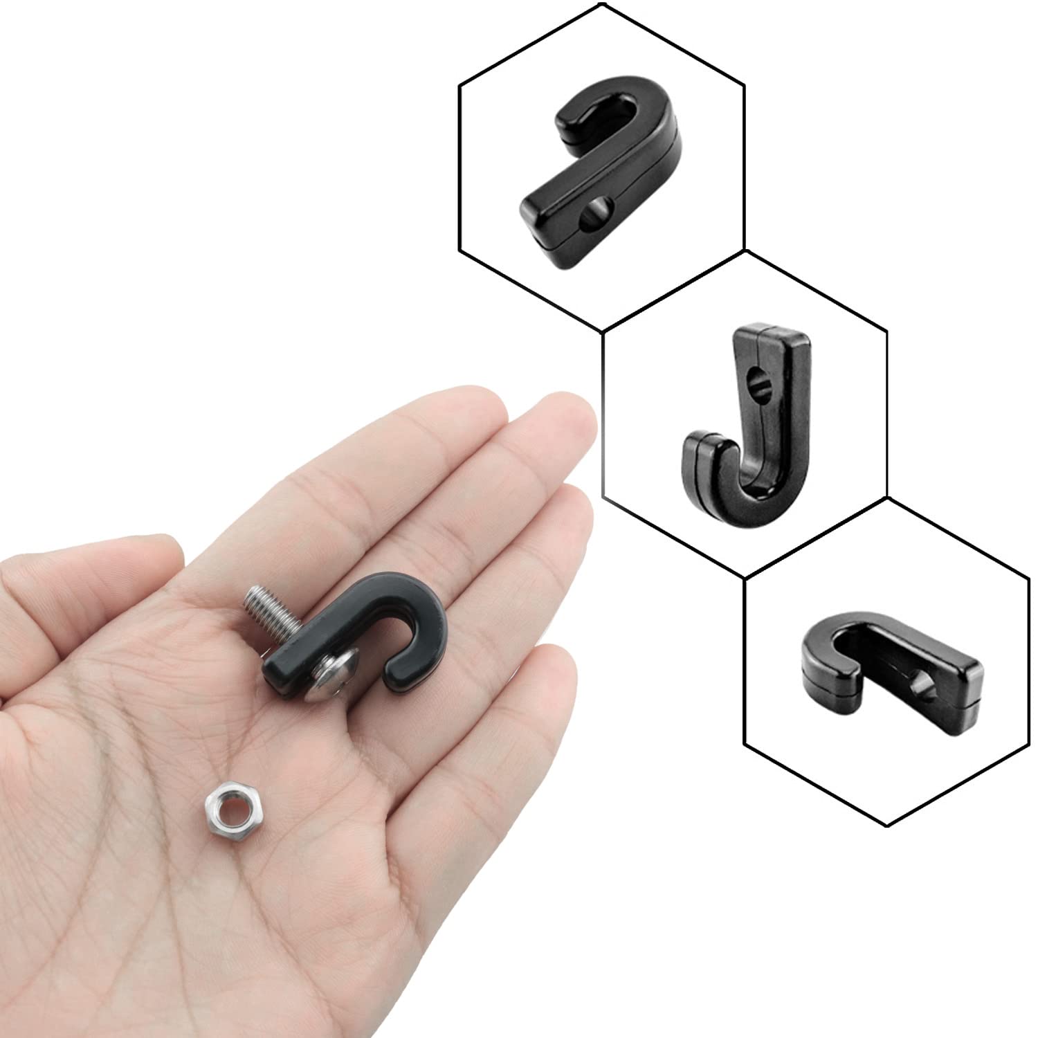 JJHXSM 16pcs 1" Nylon Buckle J-Hooks Black Lashing Hooks for Bungee Cord Yacht Kayak Accessories