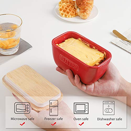 KOOV Porcelain Butter Dish with Lid for Countertop, Airtight Butter Container with Oak Lid, Butter Dishes with Covers, Butter Crock Boat-shaped Series (Red)