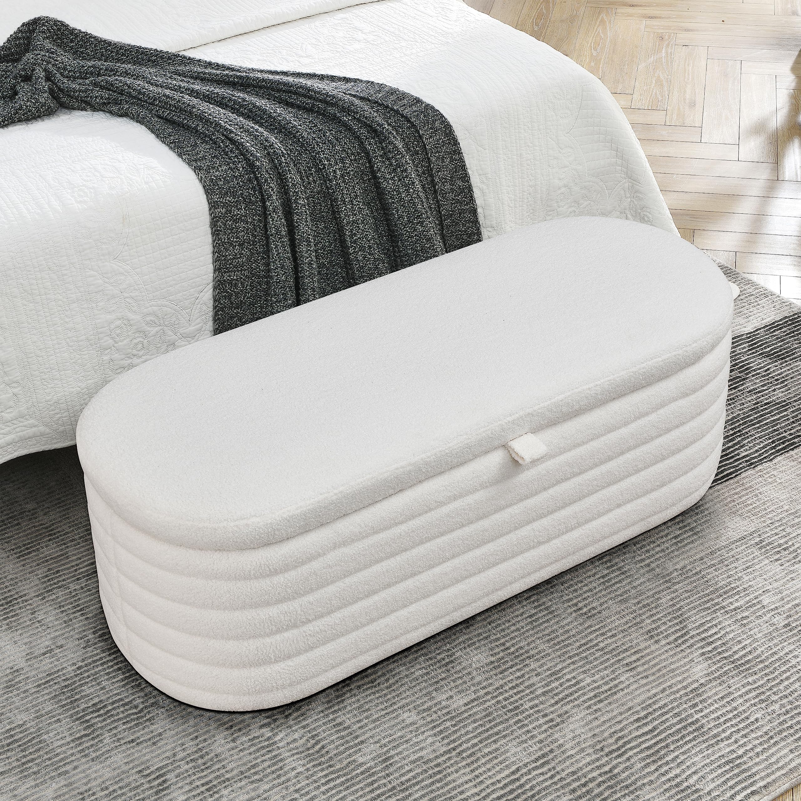 IMGDD 45.5 inches Storage Ottoman Bench Upholstered Fabric Storage Bench End of Bed Stool with Safety Hinge for Bedroom, Living Room, Entryway (White)