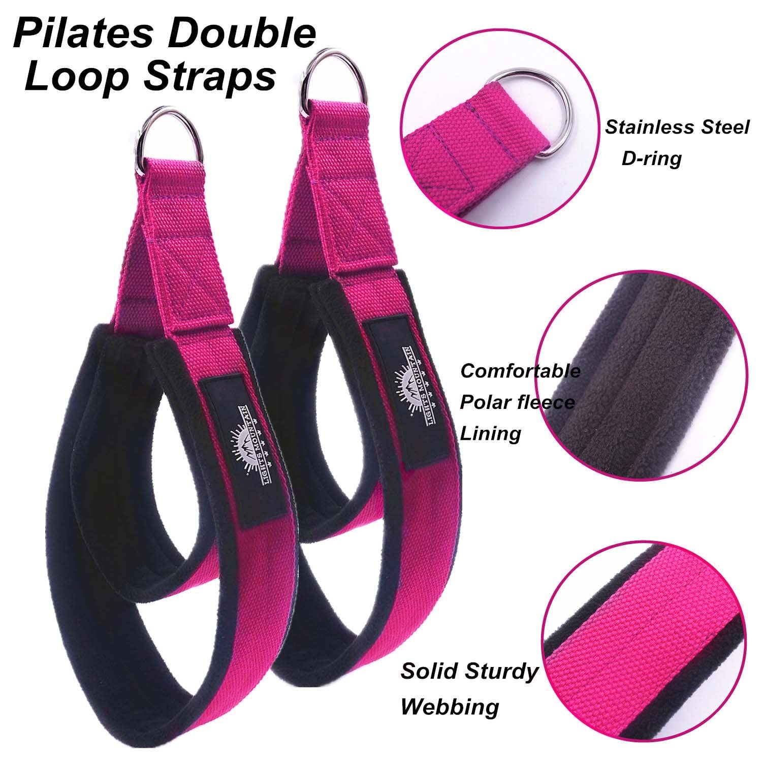 Lights Mountain 1 Pair Pilates Double Loop Straps for Reformer, Fitness D-Ring Straps Handle, Yoga Exercise Accessories for Home Gym Workout
