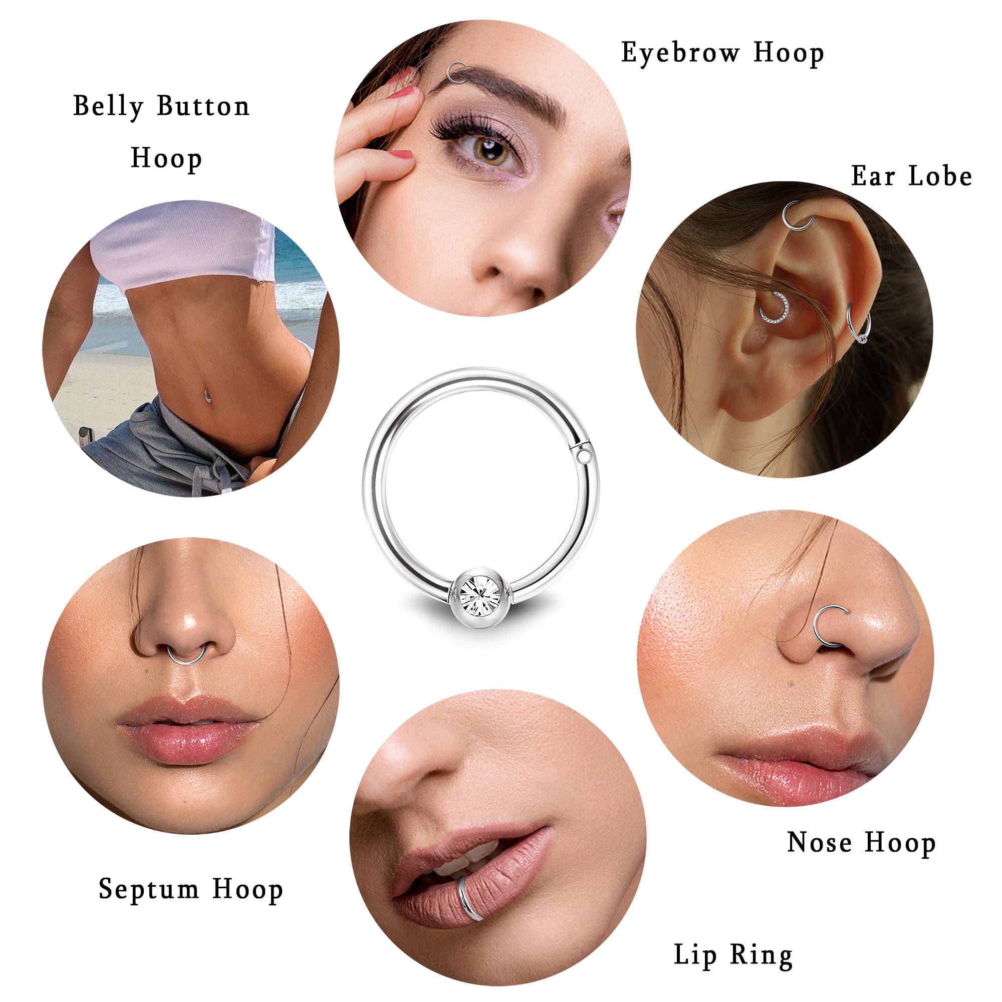 Jstyle 16G 316L Stainless Steel CZ/Opal Septum Clicker Ring Hinged Nose Rings Hoops Conch Daith Cartilage Helix Tragus Hoop Earring Piercing S 8MM