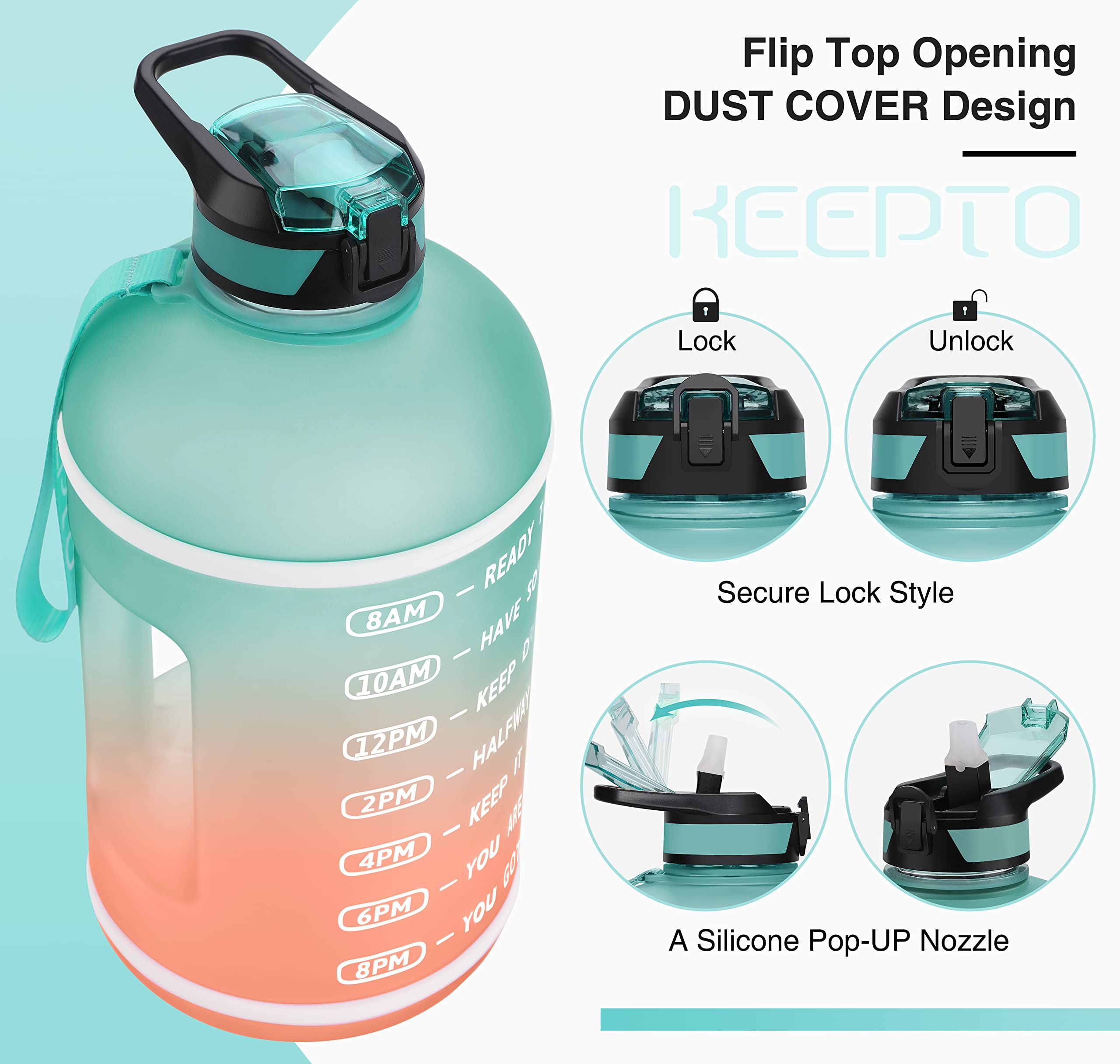 KEEPTO 1 Gallon Water Bottle with Straw-Motivational Water Jug with Time Marker,Coral/Agategreen Ombre