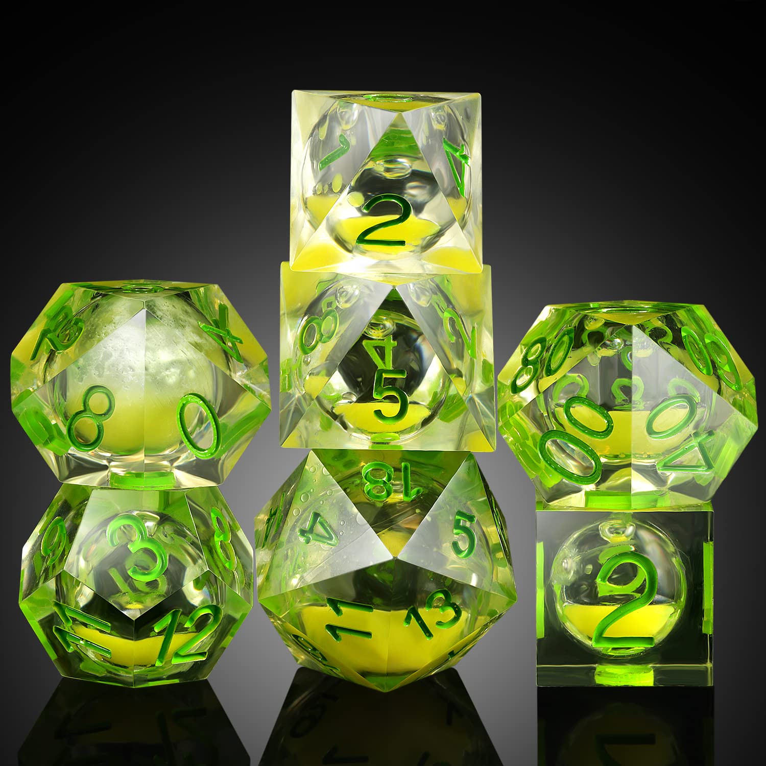 Liquid Core DND Dice Set,DNDND 7PCS Liquid Core Filled Sharp Edge D&D Dice with Gift Case for Dungeons and Dragon Game (Green Liquid)