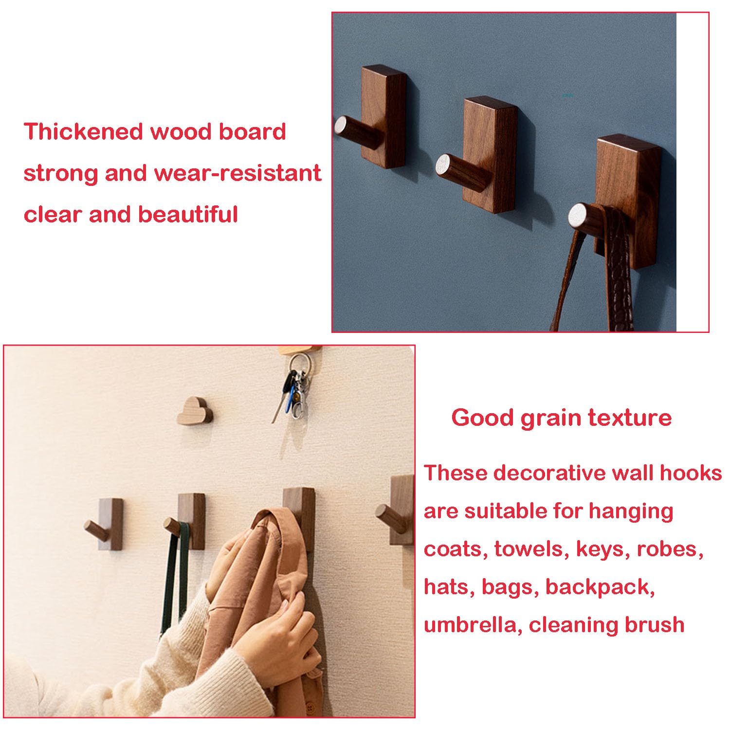 Ourart Wood Wall Hooks 6 Pack, Natural Wooden Adhesive Coat Hooks Wall Mounted, Rustic Wooden Hooks Heavy Duty Robe Hook Hat Rack for Hanging Bathroom Towels Clothes Hanger (Walnut Wood)