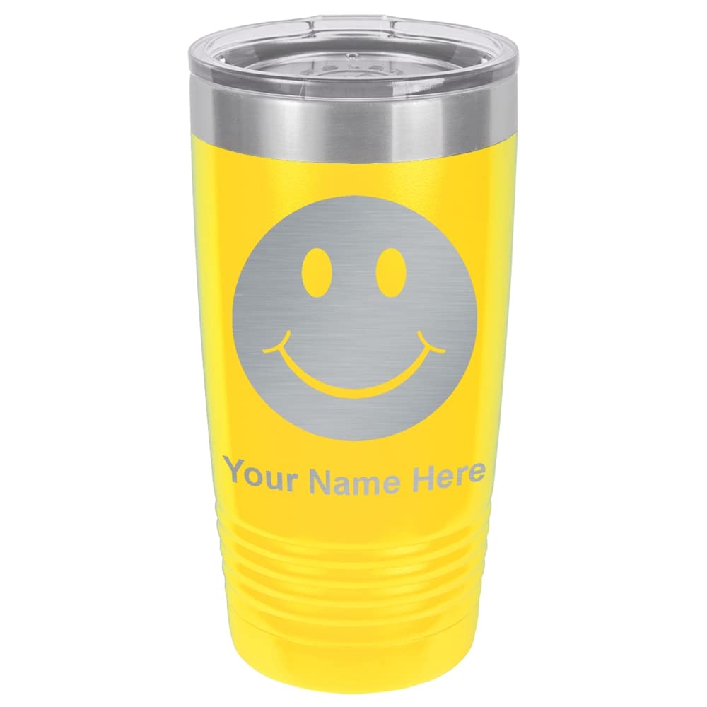 LaserGram 20oz Vacuum Insulated Tumbler Mug, Happy Face, Personalized Engraving Included (Yellow)