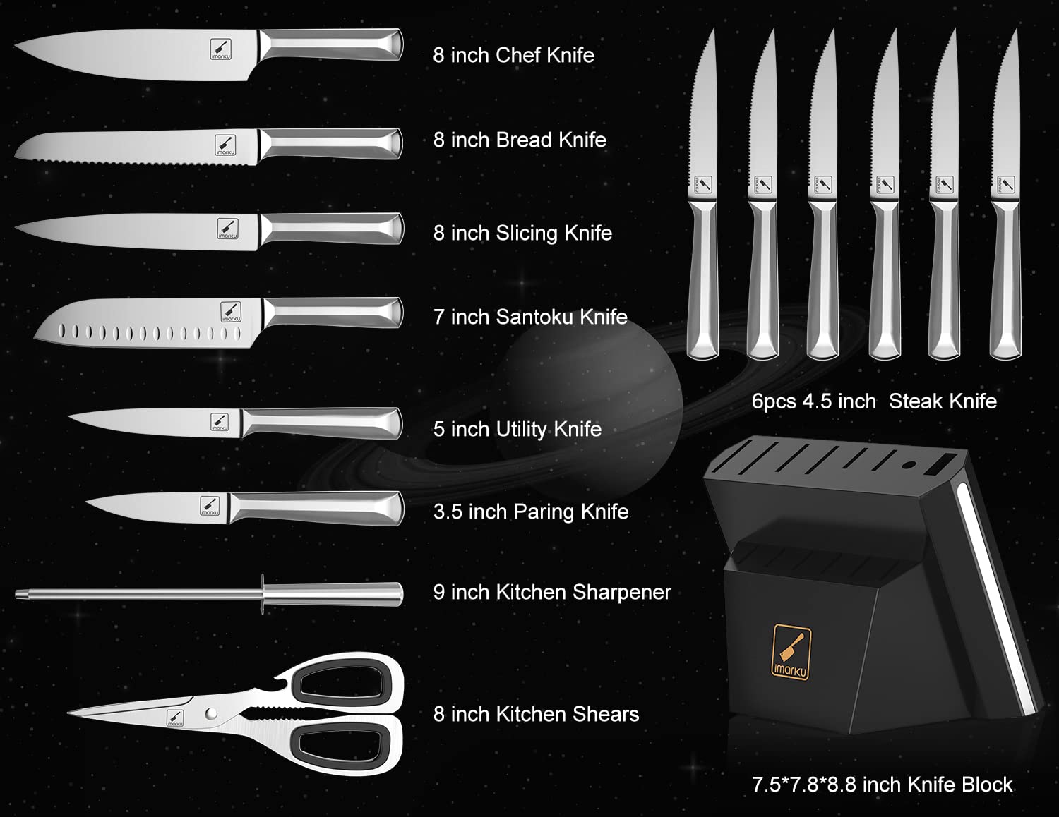 imarku Knife Set, 15PCS Kitchen Knife Set with Diamond Shaped Handle, Dishwasher Safe Kitchen Knives, Premium German High Carbon Stainless Steel Chef Knife Set, Kitchen Gadgets Gifts for Men Women