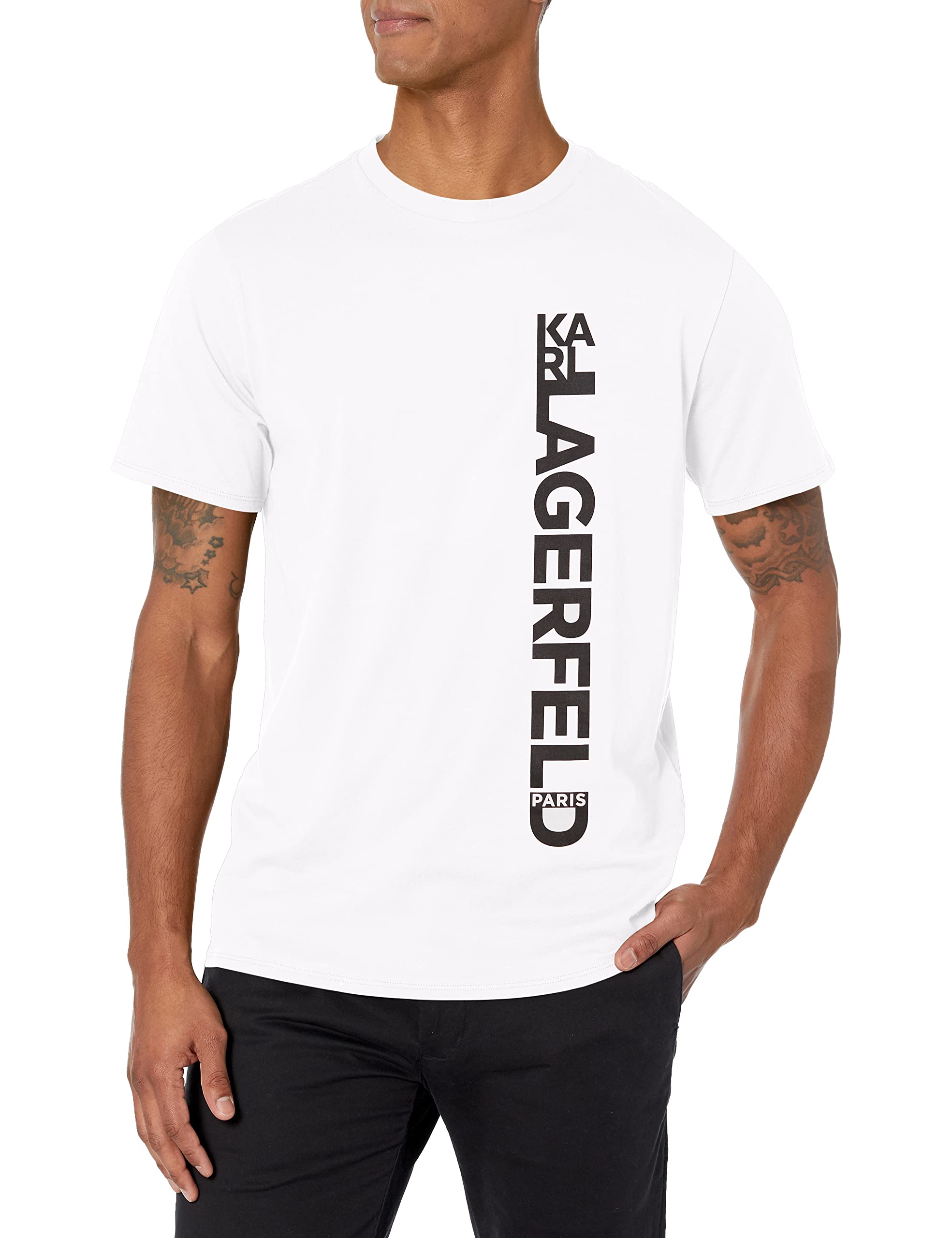 Karl Lagerfeld Paris mens Vertical Logo Karl Tee Shirt, White, Small US