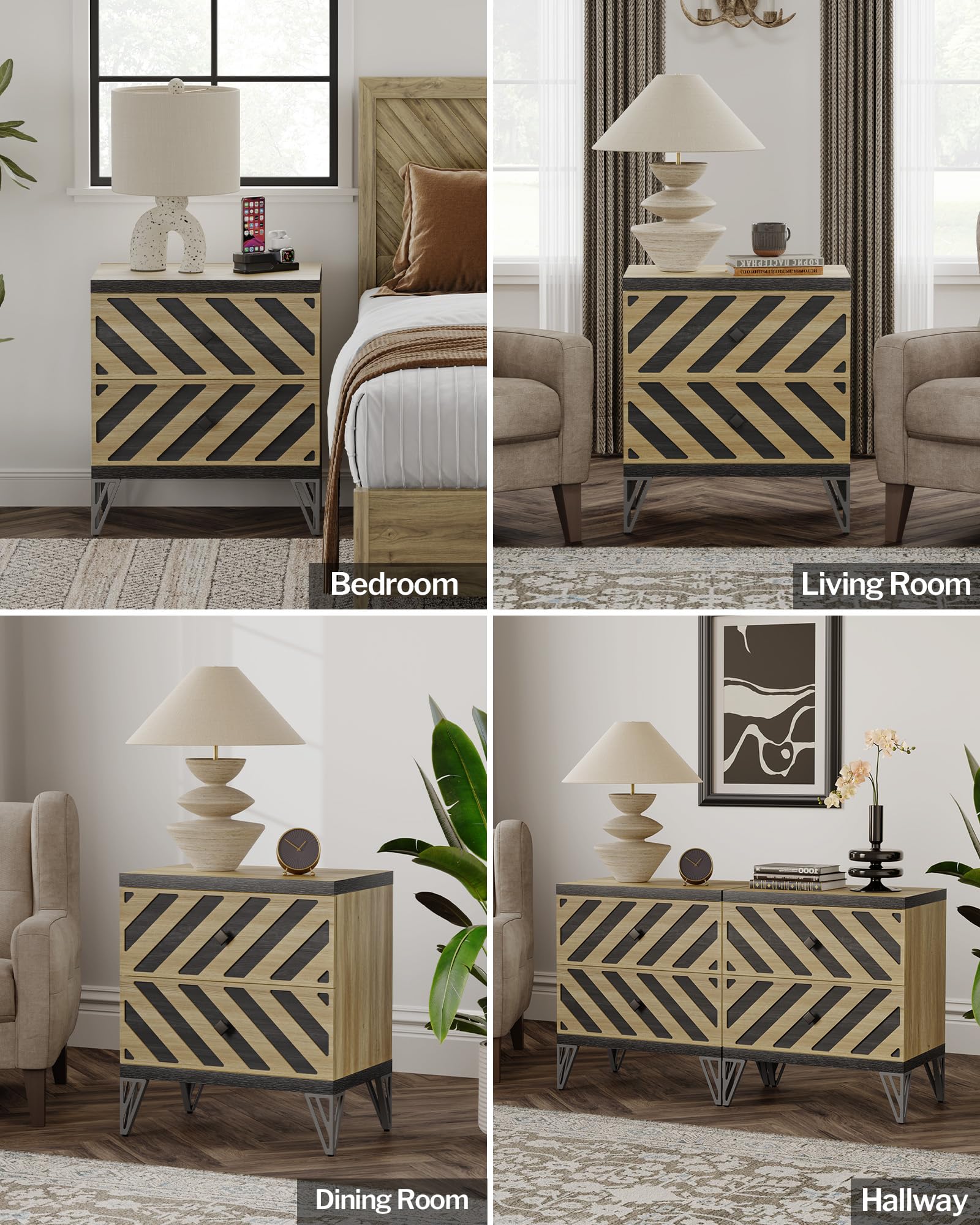 SICOTAS Large Night Stand Set of 2 - Modern Bedside Table Wide Nightstands with 2 Herringbone Decor Drawers, Sturdy Metal Legs, Wood Accent End Table for Bedroom
