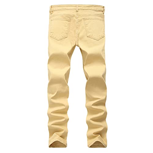 Men's Ripped Distressed Destroyed Jeans Stretch Vintage Hip Hop Jean with Holes Straight Leg Slim Fit Denim Pants (Khaki,31)