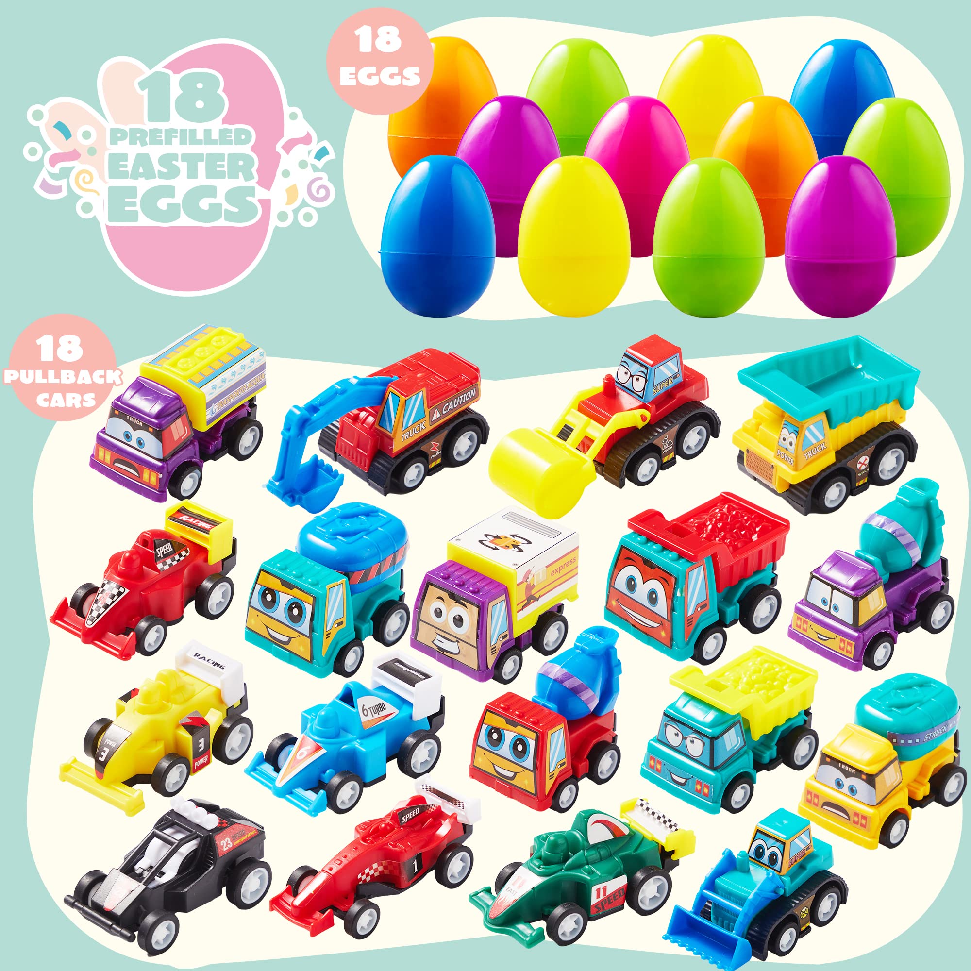 JOYIN 18 Pcs Pre-Filled Easter Eggs with Pull Back Cars for Boys, 3'' Easter Eggs with Construction Vehicles and Race Cars for Kids Easter Eggs Hunt, Easter Basket Stuffers, Easter Goodie Bag Fillers