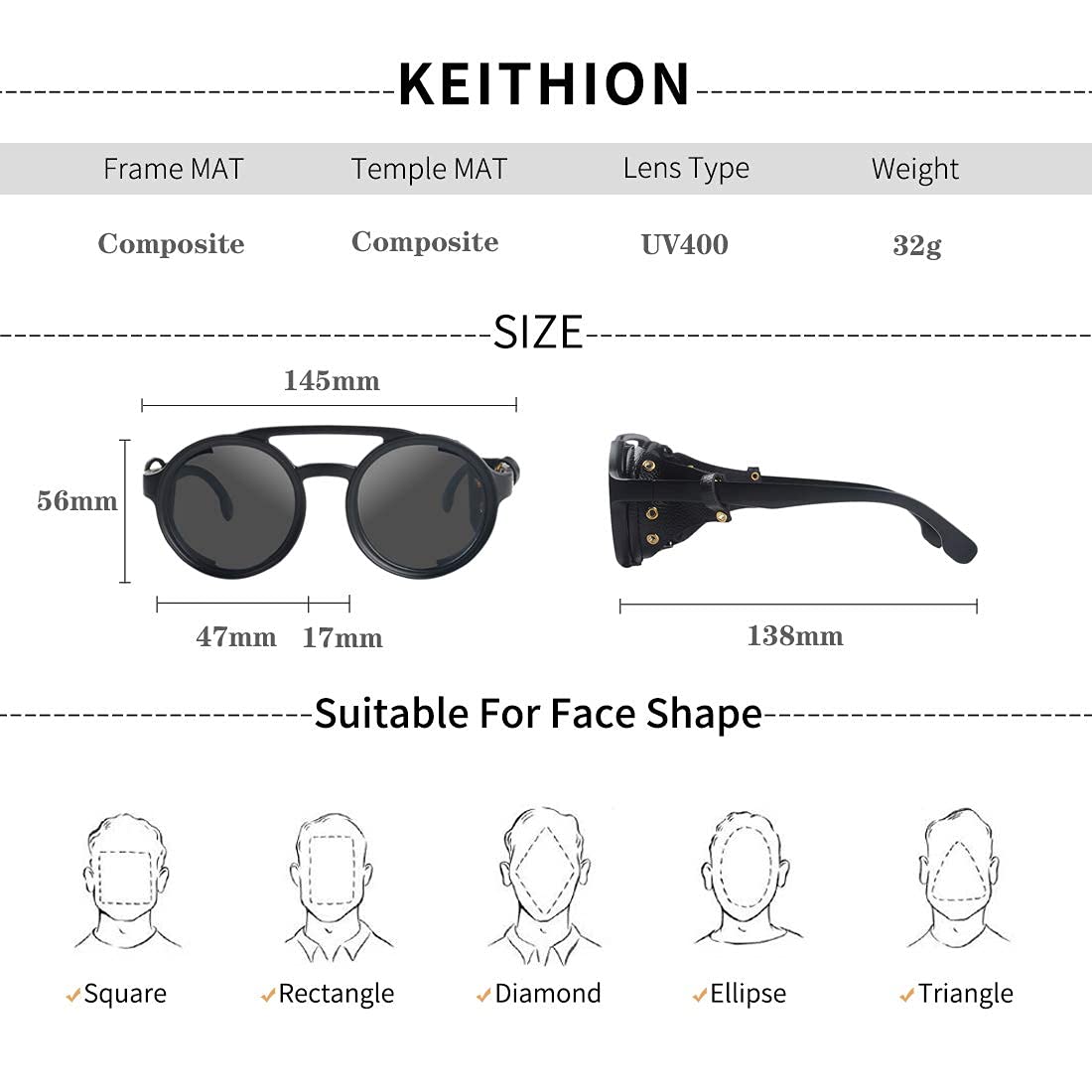 KEITHION Steampunk Style Round Vintage Sunglasses Retro Eyewear For Men Women With Leather Side Glasses (2pack-oneblack+onebrown)