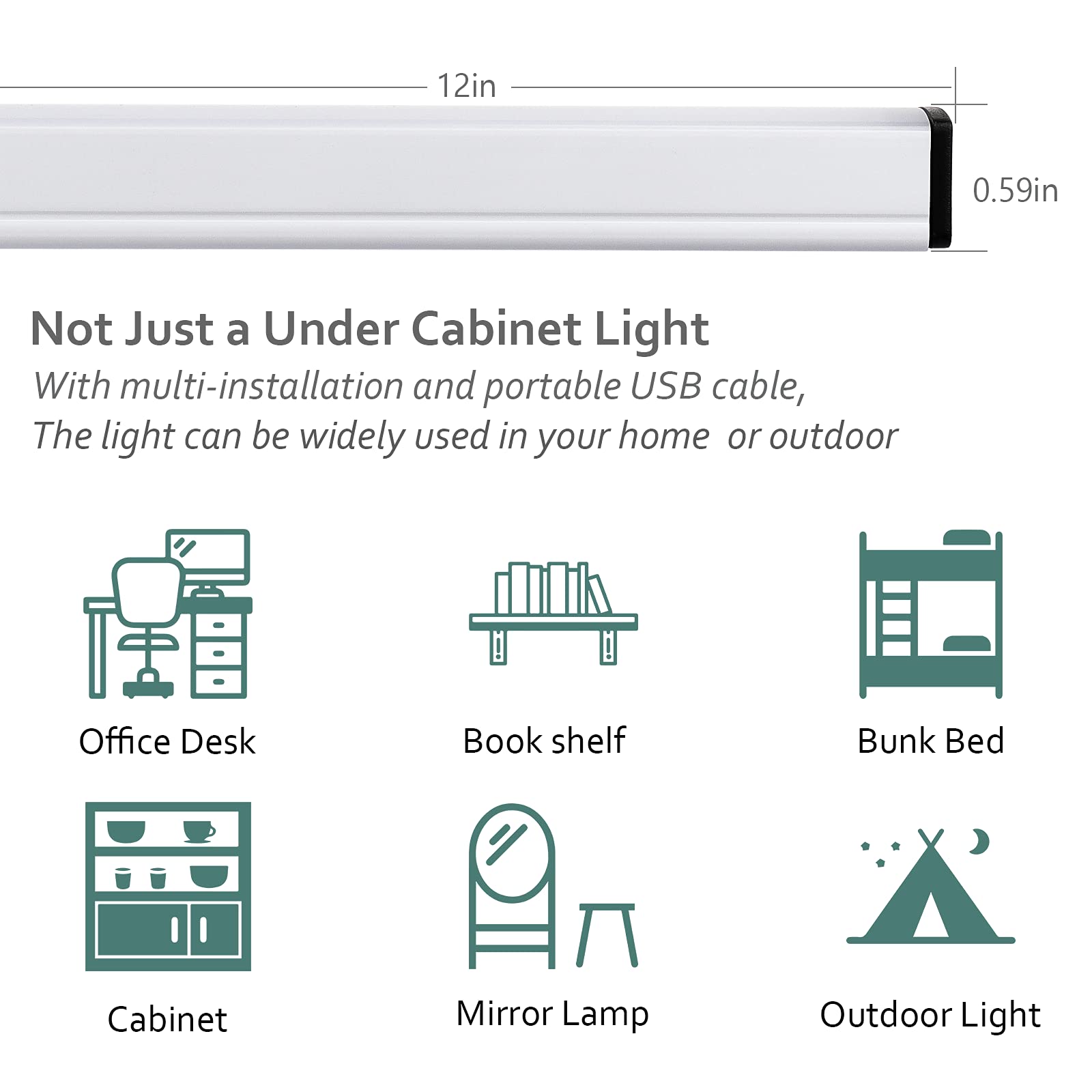 LED Under Cabinet Lighting Plug in, 12 Inch Under Cabinet Lights, USB Led Light Strip Bar, 5000K Cool White, Under Counter Light for Kitchen/Workbench/Shelf/Desk