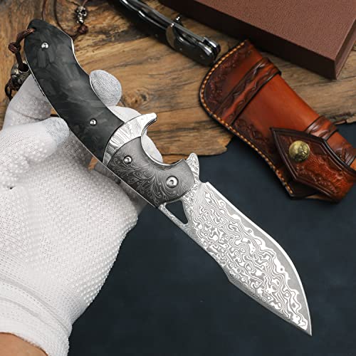 Minowe Handmade Damascus Steel Folding Knife with leather case,3.8in VG10 steel core blade,Steel ball bearings+Carbon Fiber handle,Tactical pocket knife Hiking carry EDC Knife