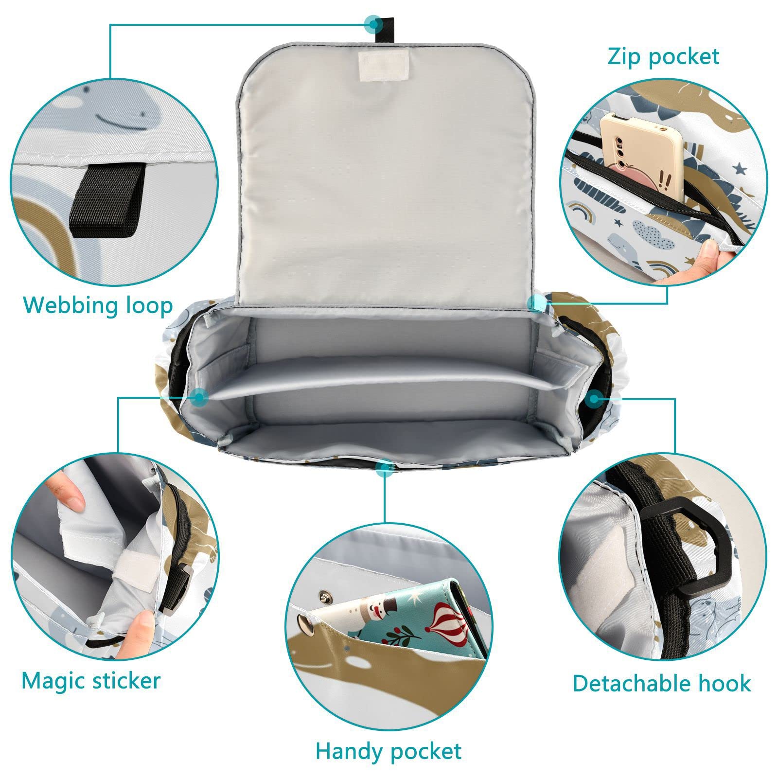 Kigai Cute Blue Dinosaurs Baby Stroller Organizer with Cup Holders, Secure Hooks Accessories Adjustable Strap Stroller Bag for Bottle, Diaper, Phone, Toys, Baby Items