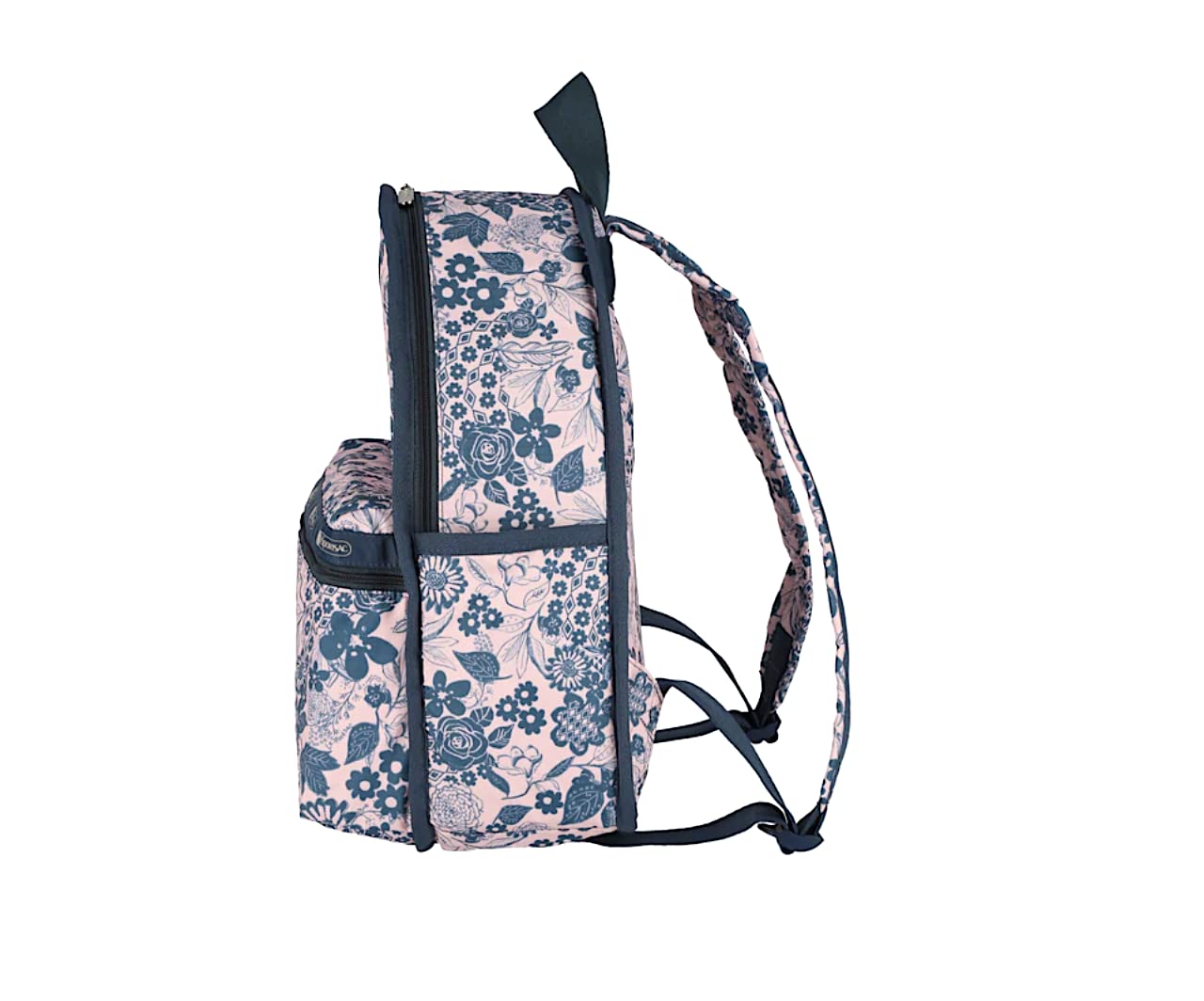 LeSportsac Rooks and Roses Basic Backpack/Rucksack, Style 7812/Color E483, Slate Blue Whimsical Roses, Graceful Branches & Leaves Artfully Arranged on Pearlized Pastel Pink Bag