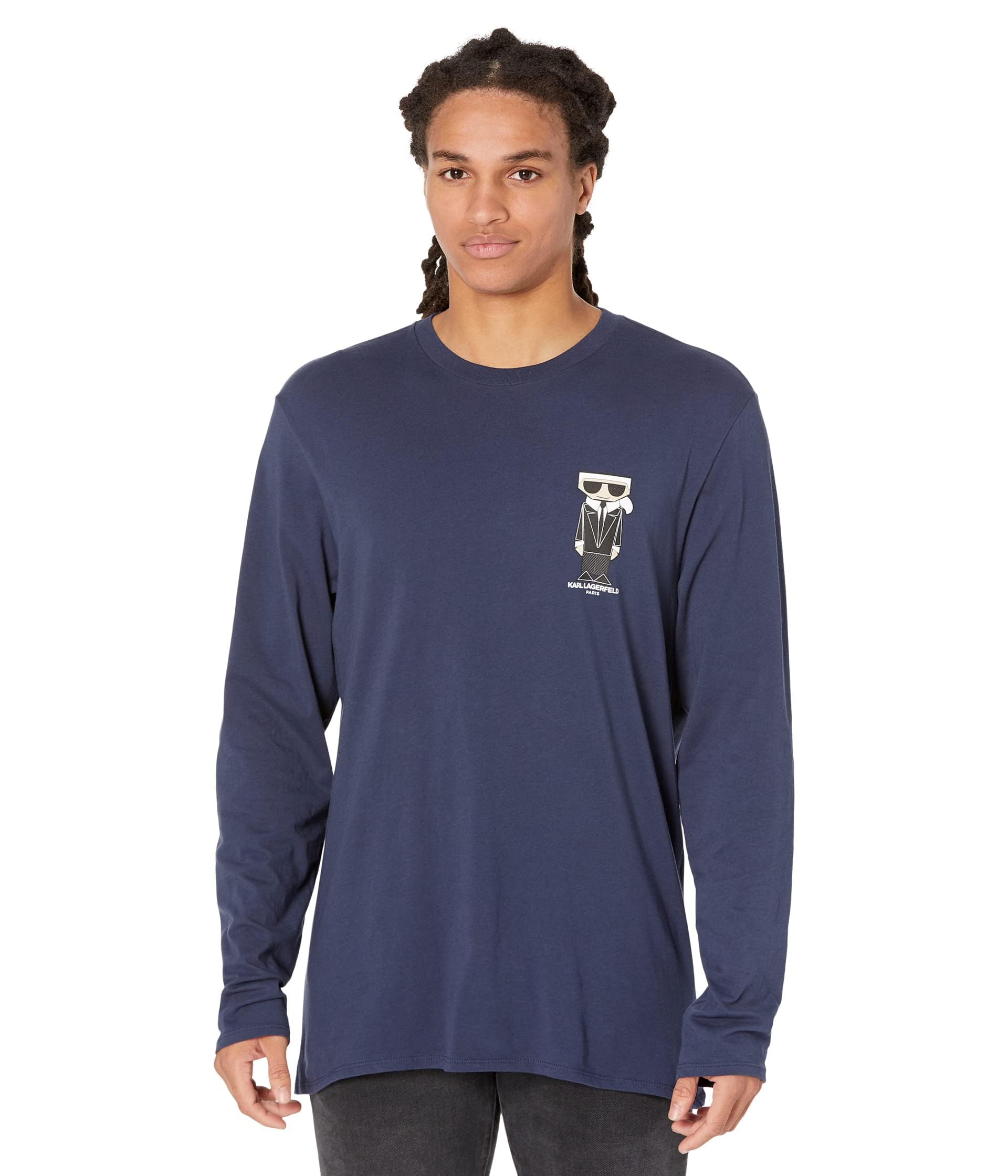 KARL LAGERFELD Paris Small Kocktail Karl Long Sleeve Crew Neck T-Shirt Navy LG