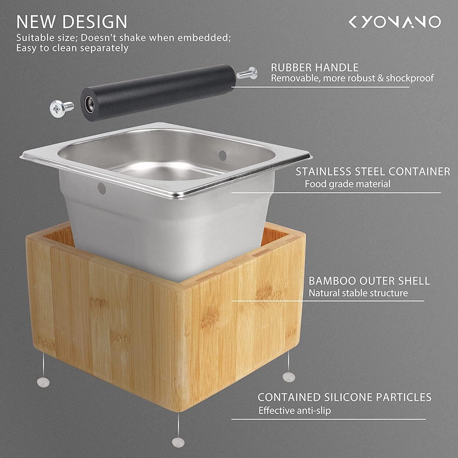 KYONANO Knock Box, Espresso Accessories, Espresso Knock Box, Coffee Knock Box with Durable Knock Bar and Non-Slip Base, Made of Bamboo and Stainless Steel, Knock Boxes Breville Machine Accessories