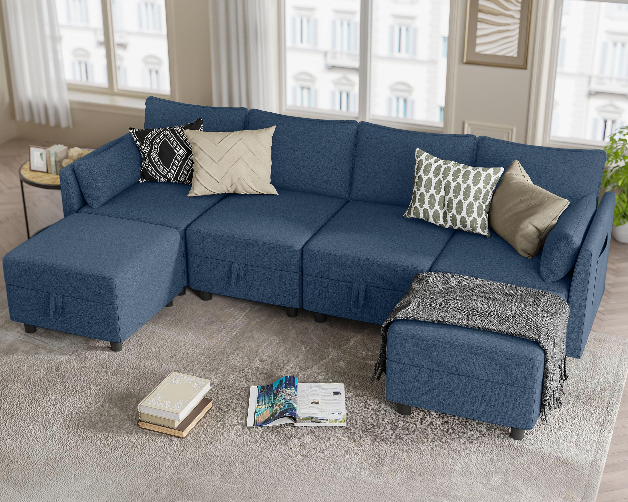 SEJOV Modular Sectional Sofa, U Shaped Couch with Storage, 6 Seat Convertible Sectional Couch with Deep Seat 30" D Ottoman, Modular Sectionals Sofa Couches for Living Room, (Navy Blue)