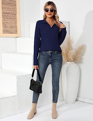 Romanstii Women's Knitted Polo Sweaters Long Sleeve V Neck Collared Shirts Winter Pullover Tops,Navy Blue,L
