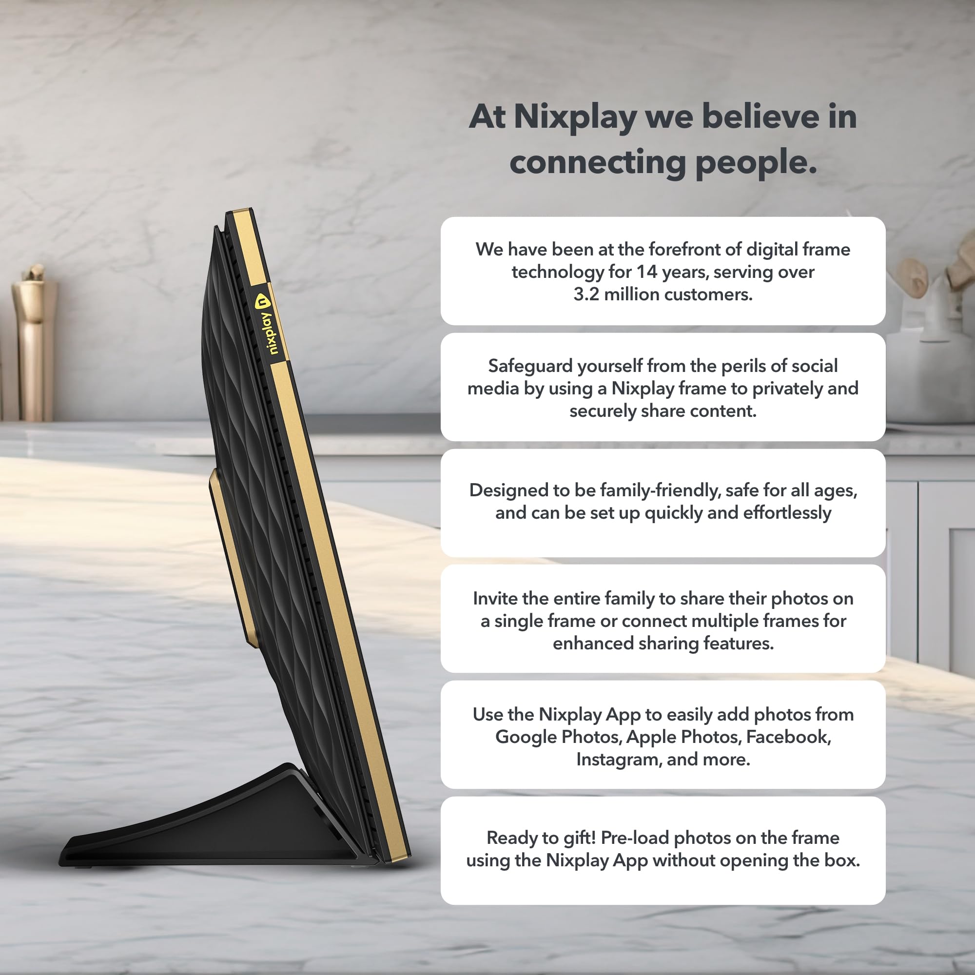 Nixplay 8 inch Touch Screen Digital Picture Frame with WiFi (W08K), Black-Gold, Share Photos and Videos Instantly via Email or App