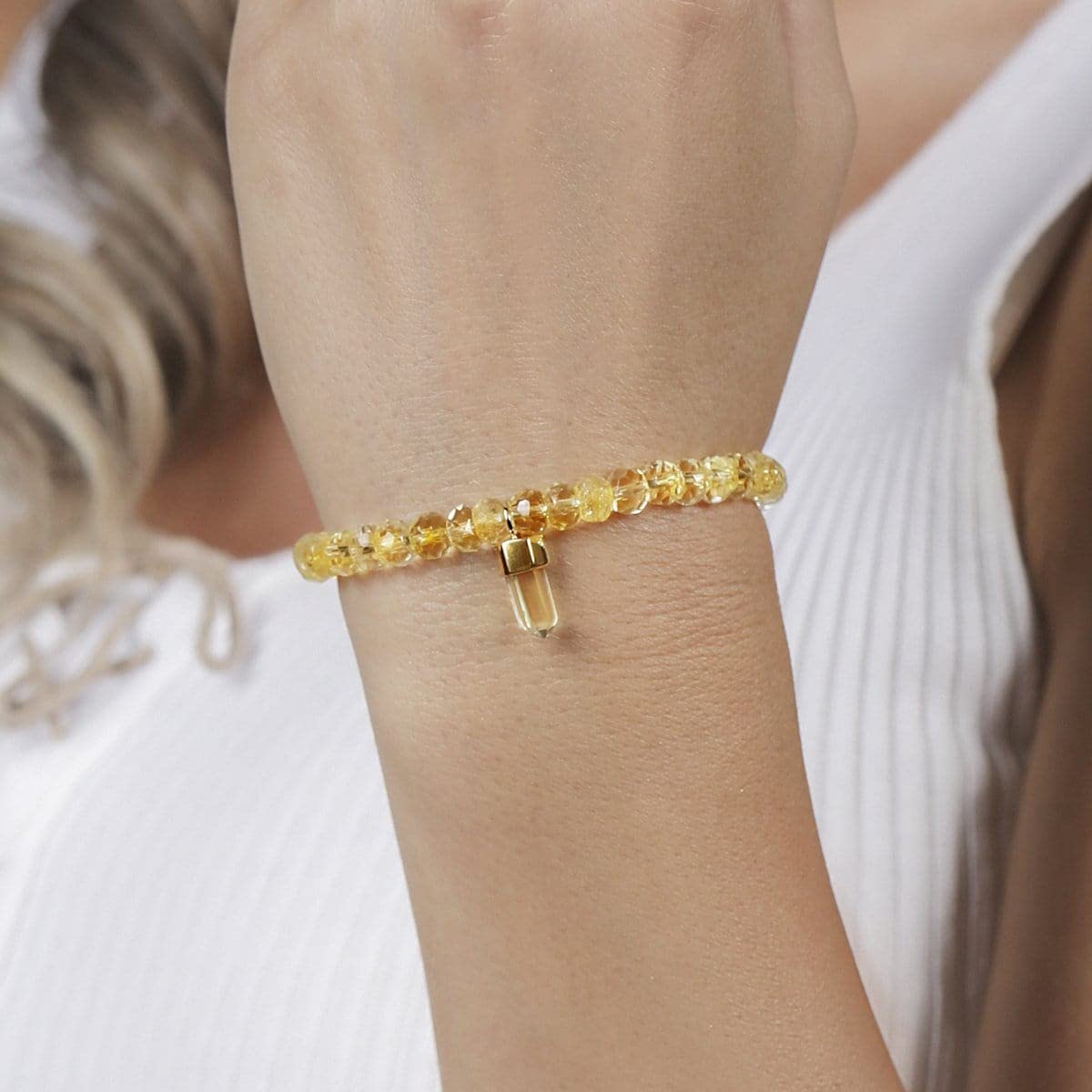KARMA AND LUCK - Women's Genuine Citrine 18K Gold Plated Brass Real Stone Evil Eye Pointer Charm Beaded 6.75" Bracelet with a Gorgeous Embedded Diamond Chip (1-1.5 mm)