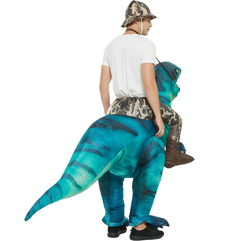 Inflatable Dinosaur Rider Costume Halloween T-Rex, Velociraptor, Blow Up with Inflation Fan (Blue)