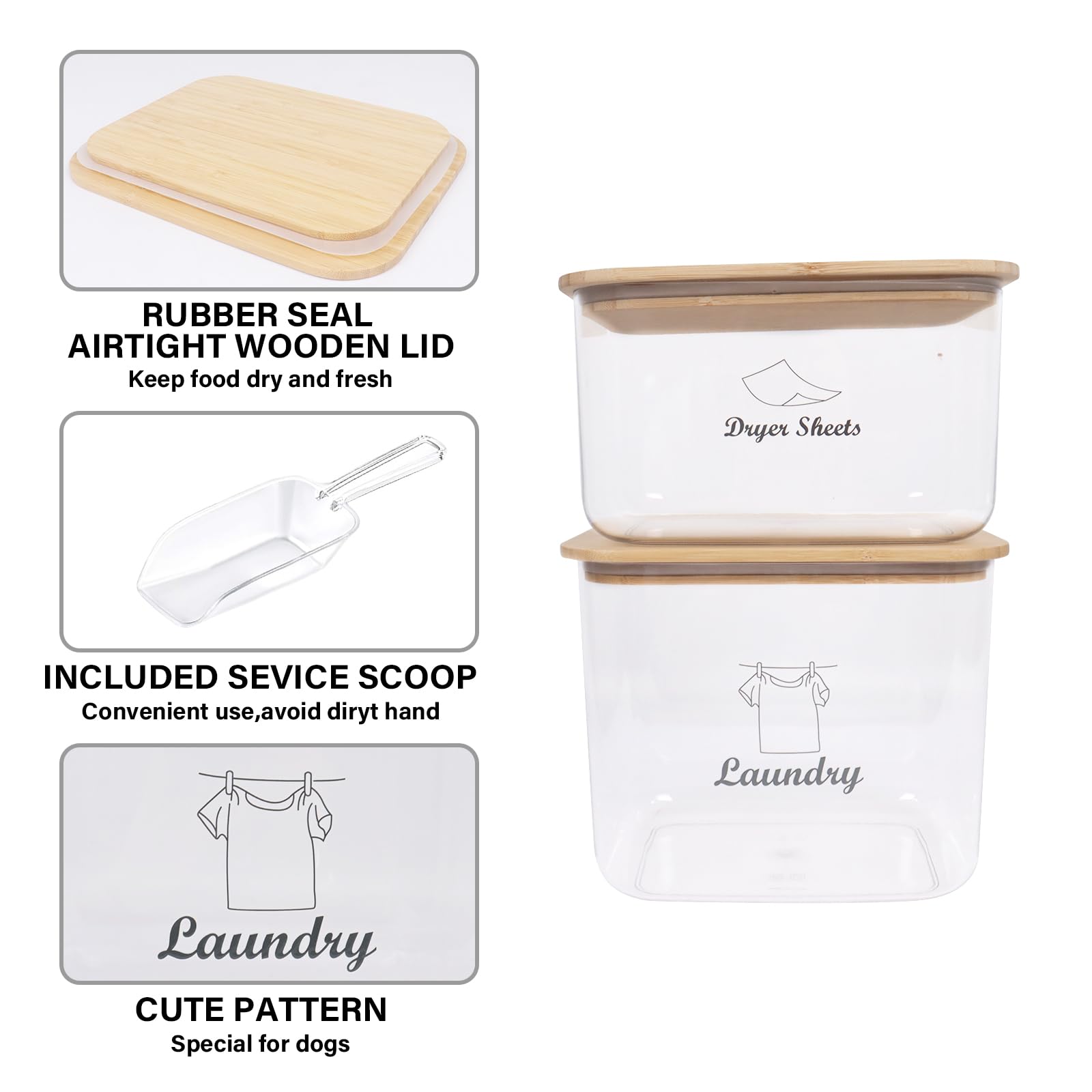Xbopetda Laundry Pods Container and Dryer Sheet Holder for Laundry Room Organization and Storage, Acrylic Laundry Powder Detergent Dispenser, Clear Dryer Sheets Container, Bamboo Sealing Lid and Scoop