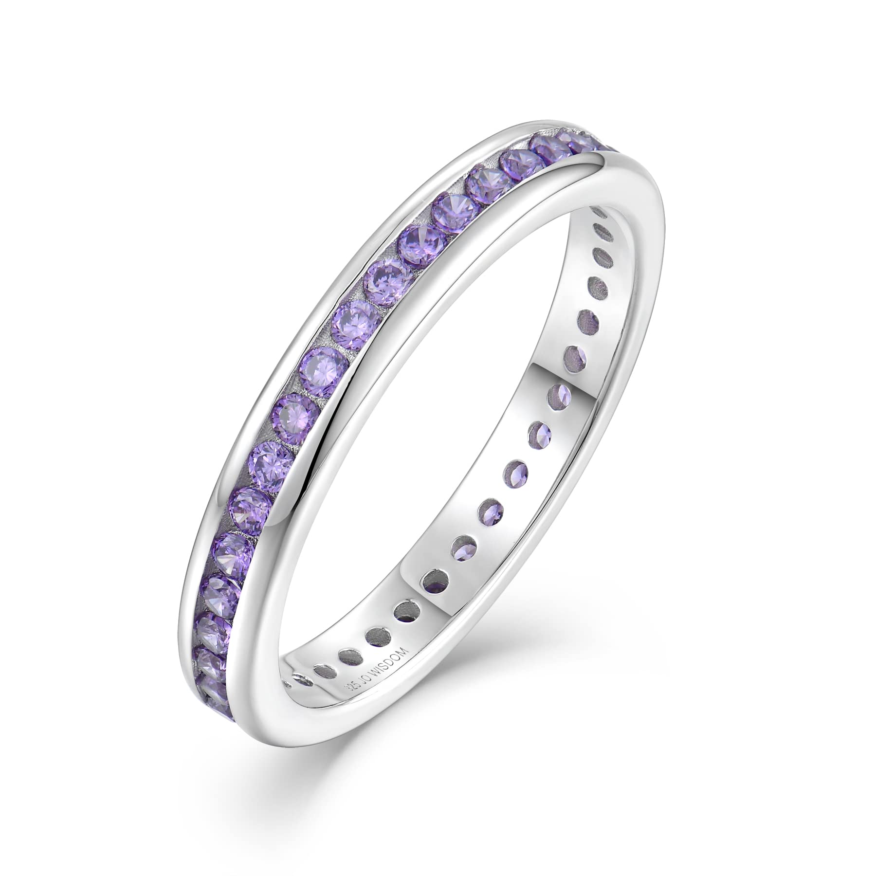 JO WISDOM 925 Sterling Silver Wedding Band Cubic Zirconia Eternity Stackable Engagement Ring Size 9,February Birthstone Amethyst Color