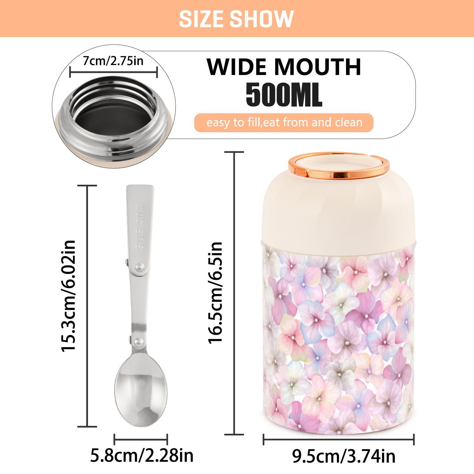 Inflorescence Hydrangea Randomly Arranged Kids Womens Insulated Food Jar Container with Spoon 17oz/500ml Kids Lunch Box Stainless Steel Vacuum Leak Proof Insulated Jar for Keep Food Hot