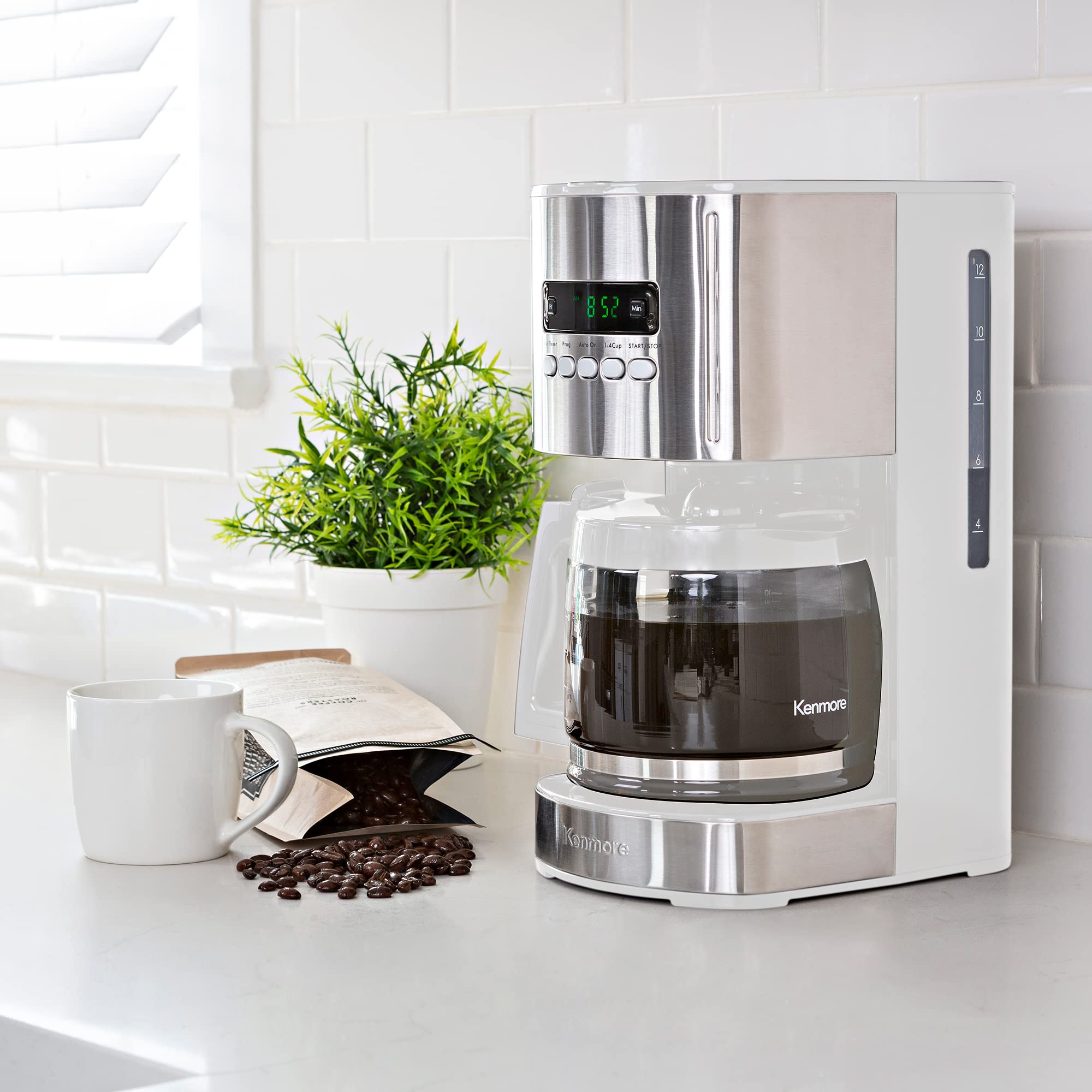 Kenmore Coffee Maker 12 cup Drip Coffee Machine Programmable Aroma Control Glass Carafe Reusable Filter Timer Digital Display Charcoal Water Filter Regular Bold Stainless Steel and White