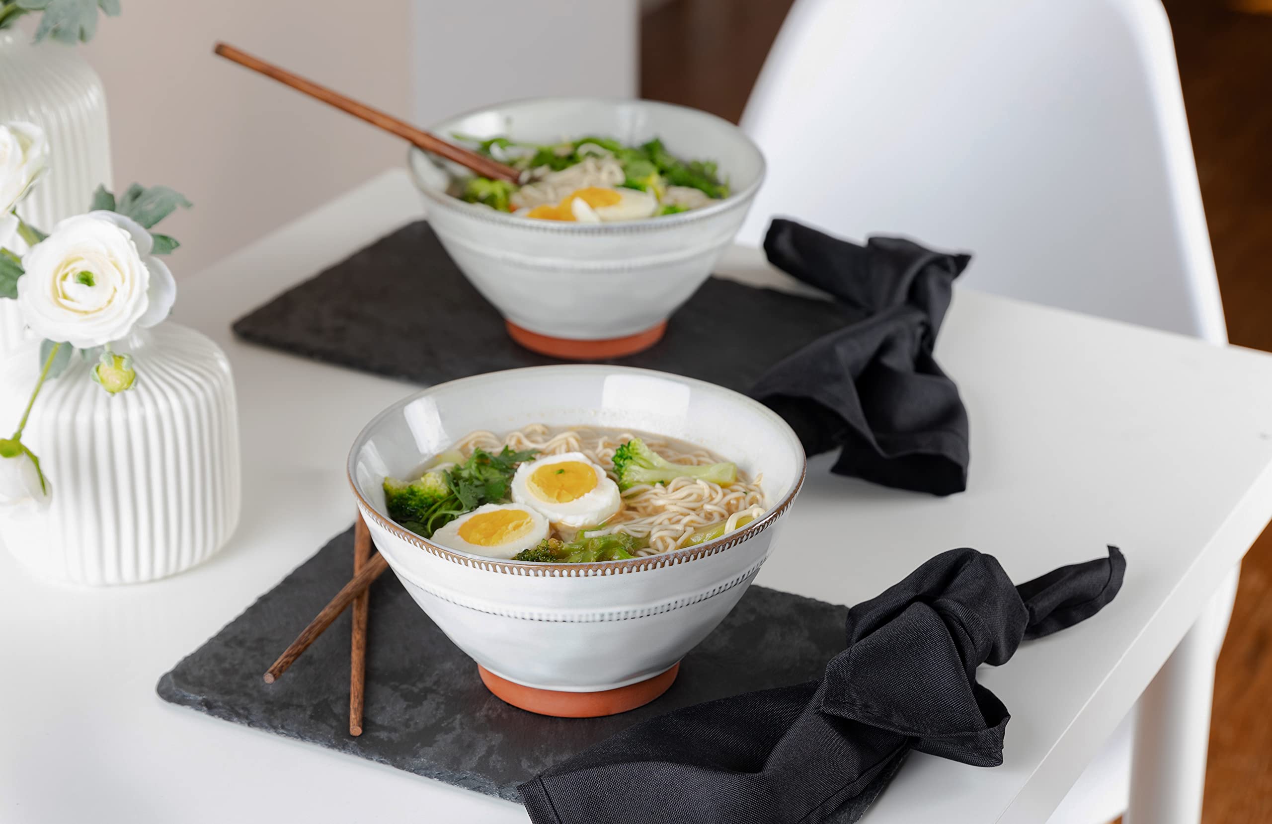 KooK Ramen Bowls, Terracotta Japanese, Microwavable, Dishwasher Safe, for Rice, Udon, Soba, Pho, 36 oz, with One Set of Wooden Chopsticks, Set of 2 (Cloudy White)