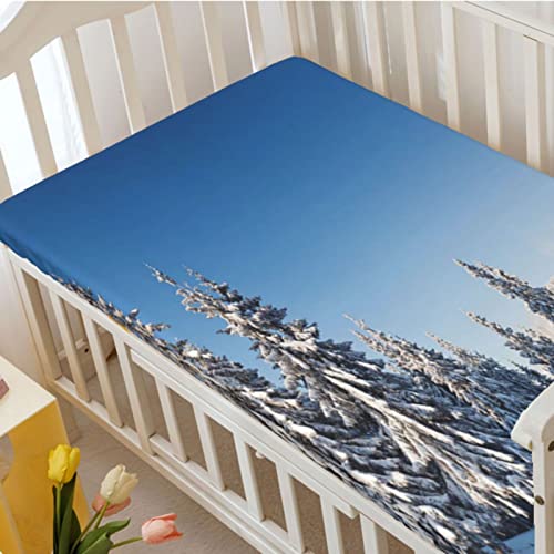 Snow Mountain Themed Fitted Crib Sheet,Standard Crib Mattress Fitted Sheet Soft Toddler Mattress Sheet Fitted-Crib Mattress Sheet or Toddler Bed Sheet,28โ x52โ,Sea Blue and Multicolor