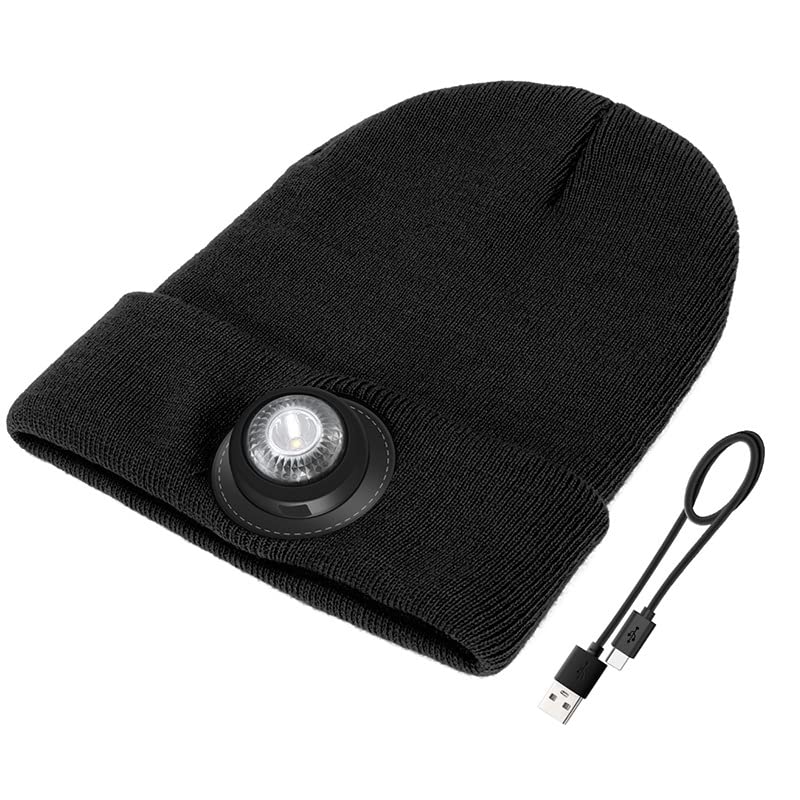 LED Beanie Hat, Winter Hat, Hands Free Flash Light, Camping Hat, Camping Essentials, with Rechargeable LED Light, Unisex Black