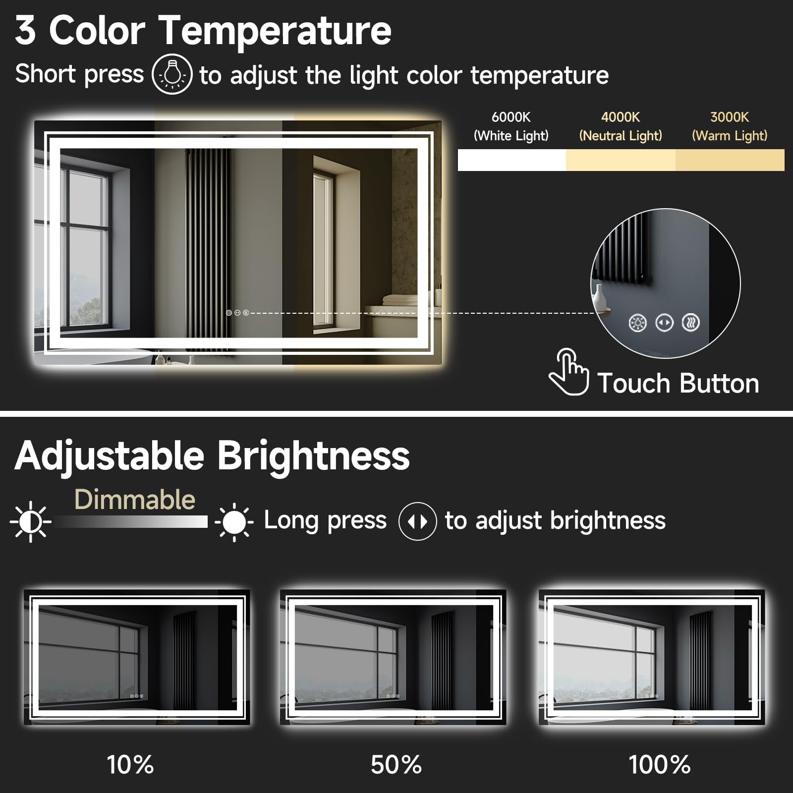 KIURENGT LED Bathroom Mirror 36 * 28" Anti-Fog Wall Mounted Bathroom Mirror, Bathroom Vanity Mirror with Lights with 3 Colors Dimmable, Shatter-Proof, Tempered Glass