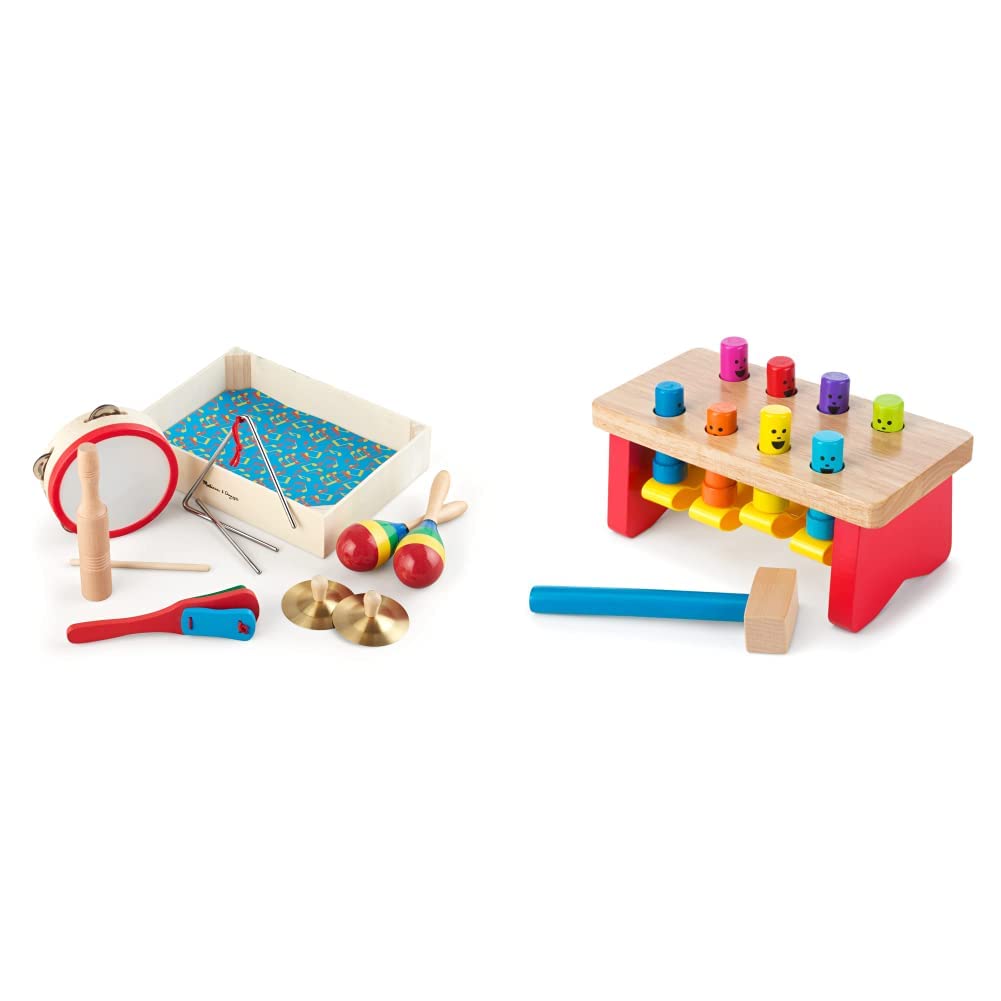 Melissa & Doug Band-in-a-Box Clap! Clang! Tap! - 10-Piece Musical Instrument Set & Deluxe Pounding Bench Wooden Toy with Mallet