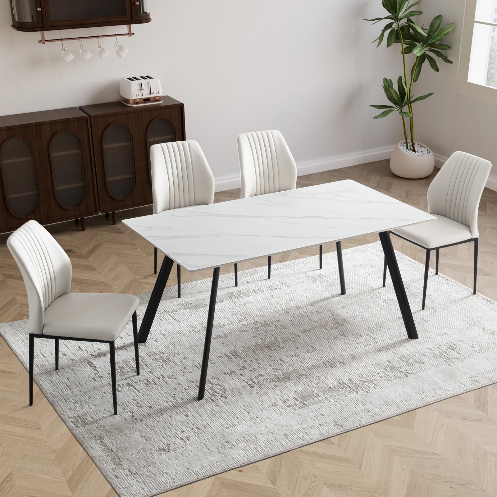 HIPIHOM Modern Kitchen Dining Slate Table and Chairs for 4,5 Pieces Rectangular Dining White Sintered Stone Table and Chairs Set 4 for Home, Kitchen, Living Room, Dining Room (Table+4 Beige Chairs)